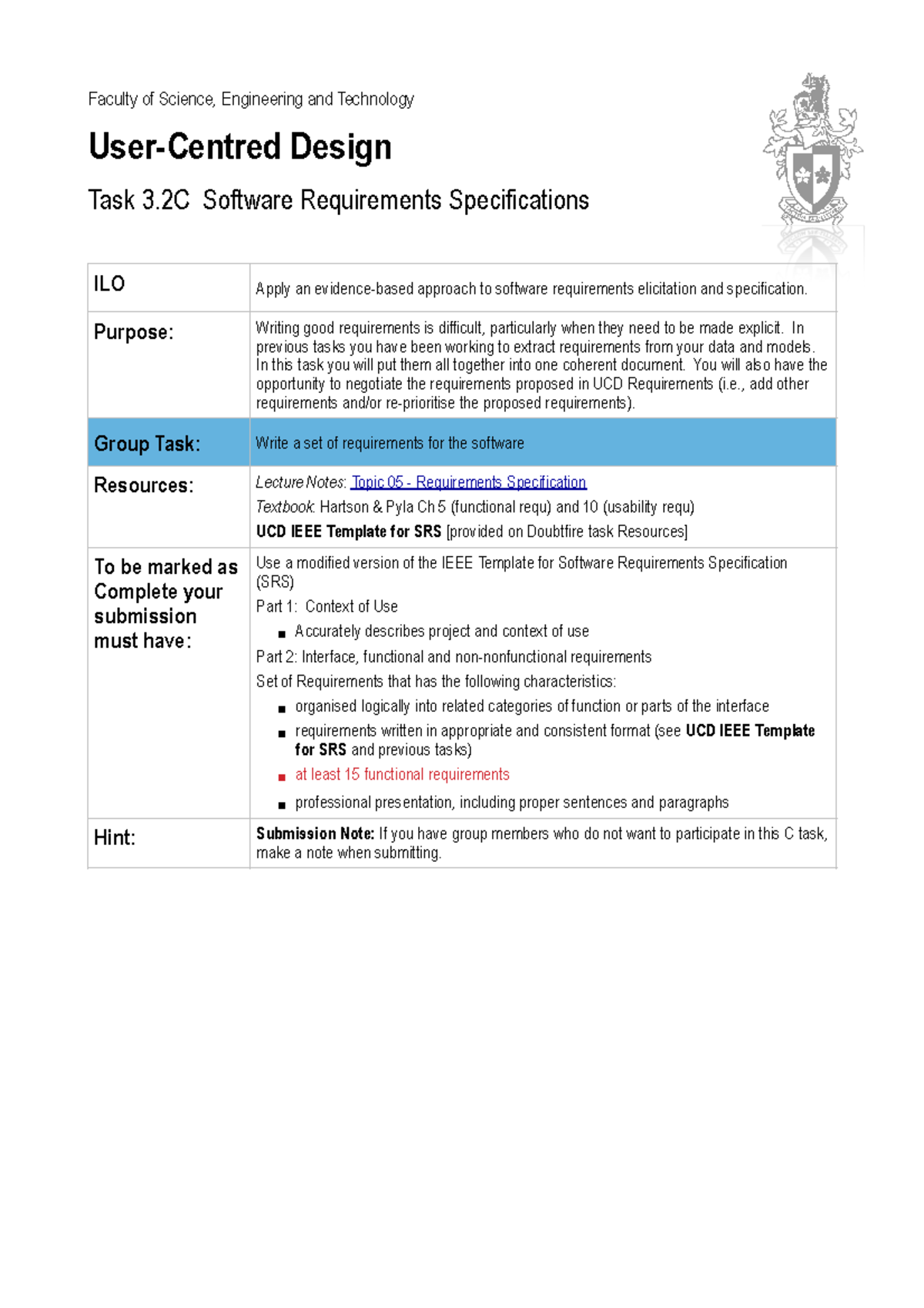 UCD 3 - tut work - Faculty of Science, Engineering and Technology User ...