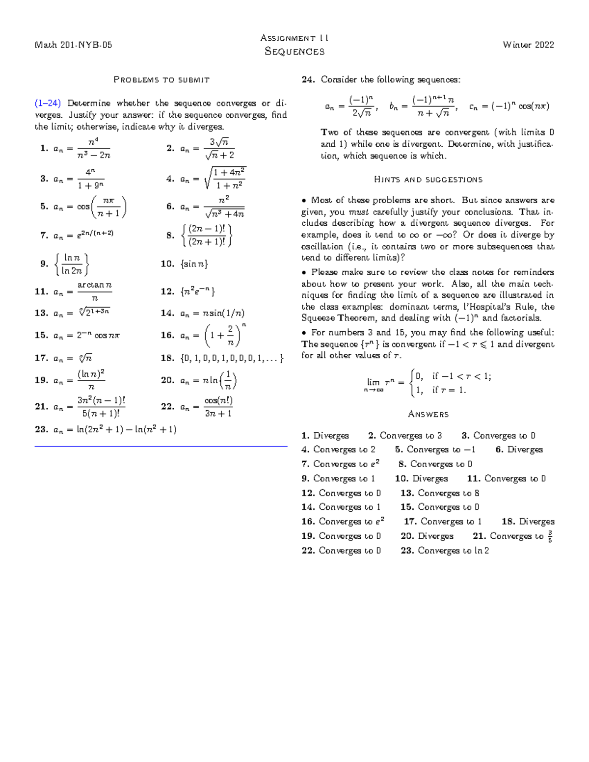 11 - Sequences Practice - Math 201-NYB- Assignment 11 Sequences Winter ...