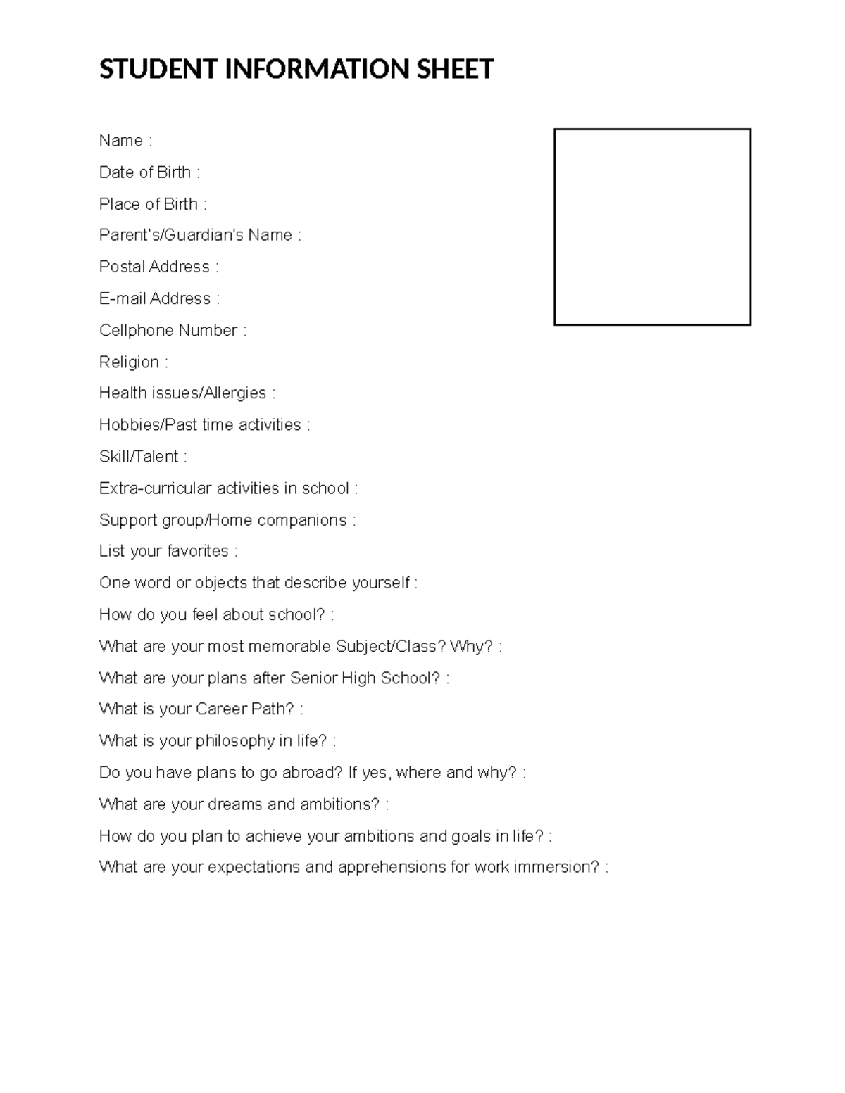 Sample Format of Student Information Sheet - STUDENT INFORMATION SHEET ...