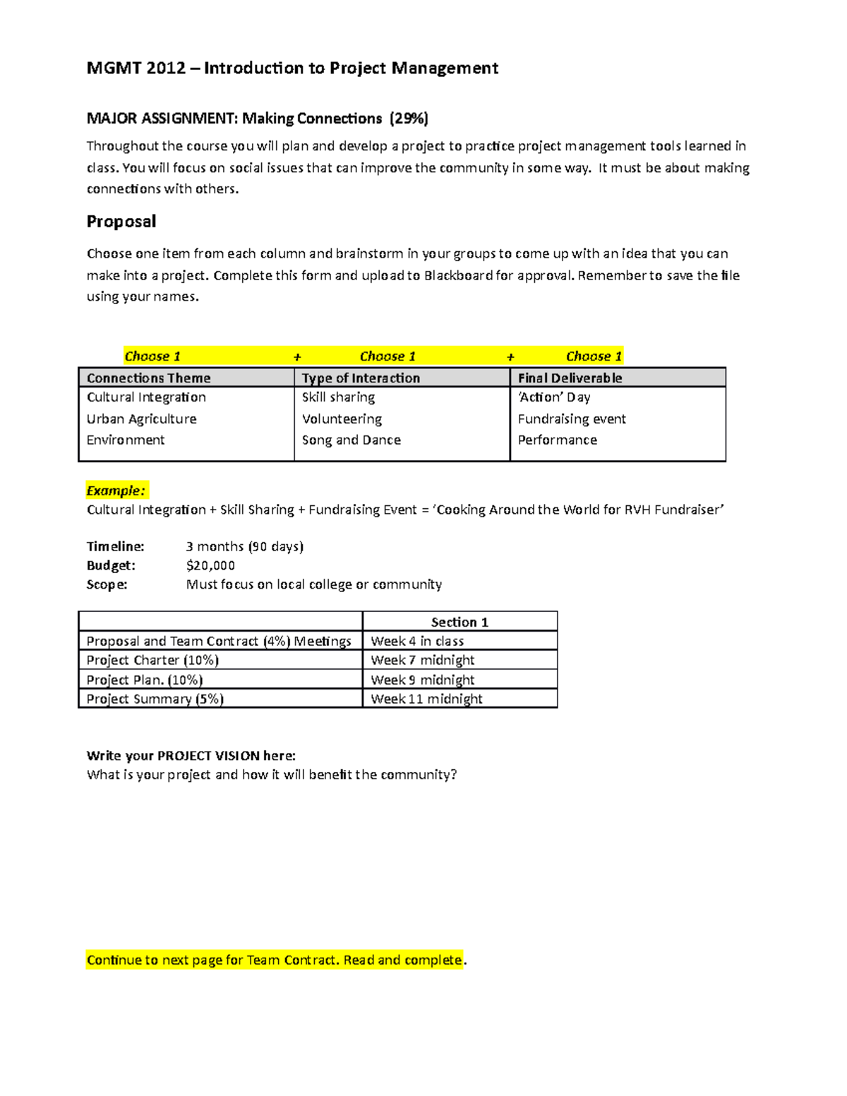 Major Project and contract - MGMT 2012 – Introduction to Project Management MAJOR ASSIGNMENT ...