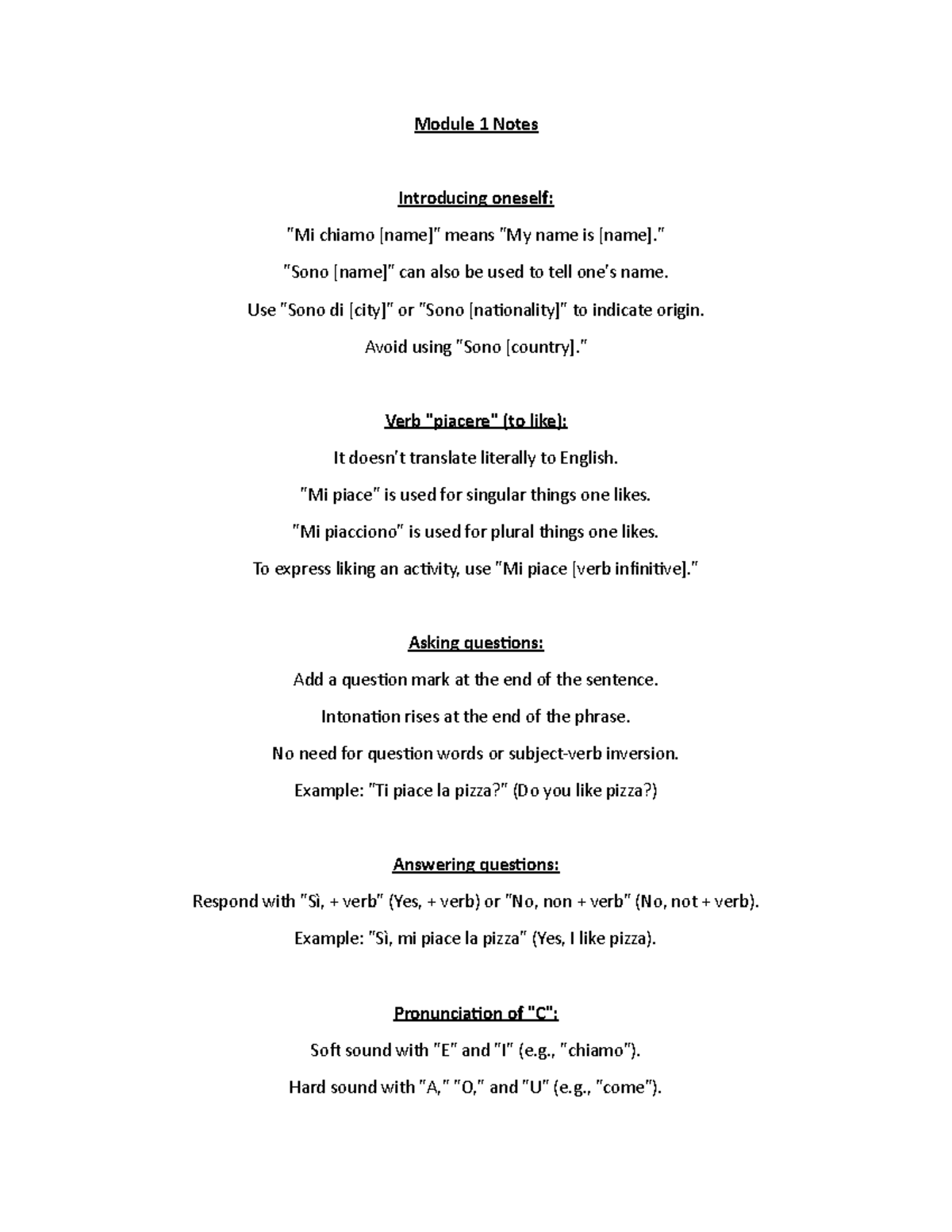 Module 1 notes/example - Module 1 Notes Introducing oneself: "Mi chiamo ...