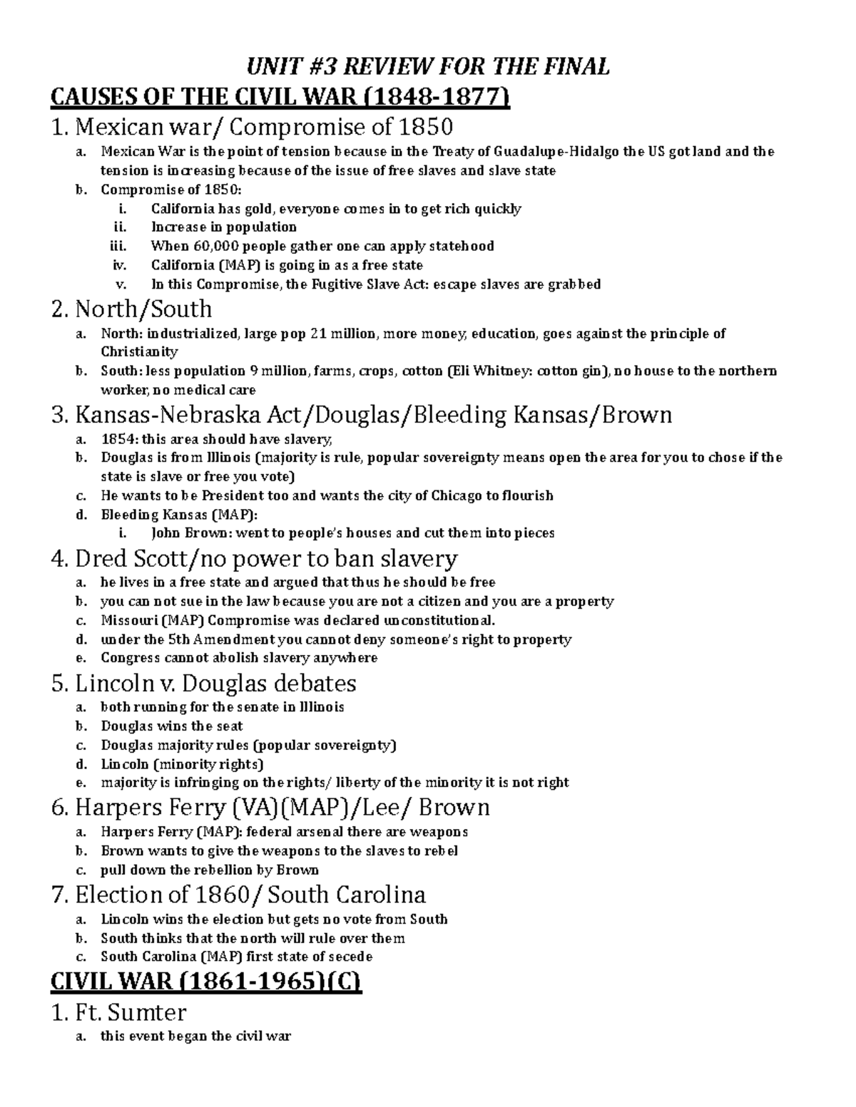 Unit #3 review for final - UNIT #3 REVIEW FOR THE FINAL CAUSES OF THE ...