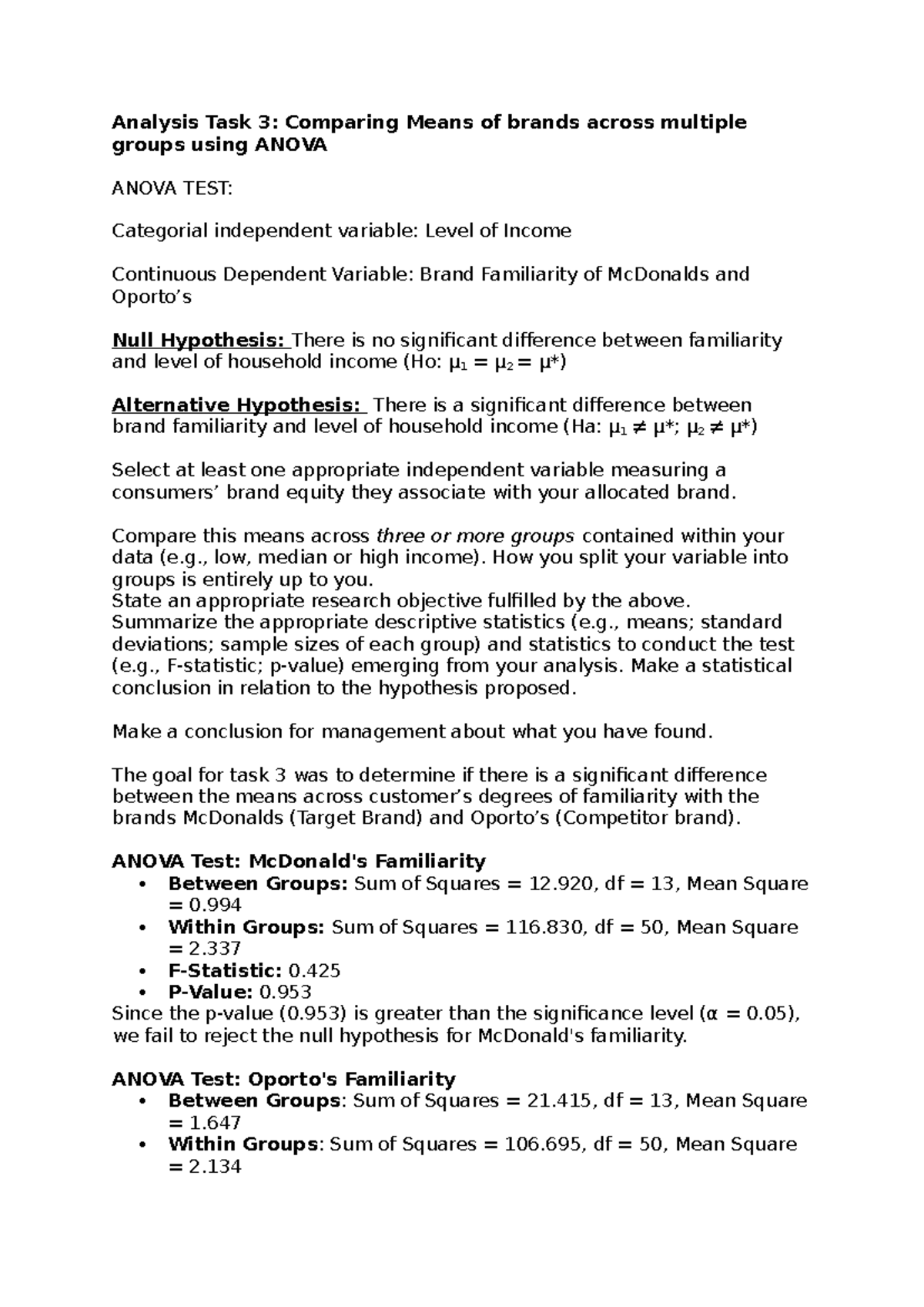 Market Research task 3 - Task 3 of the assignment - Analysis Task 3: Comparing Means of brands ...