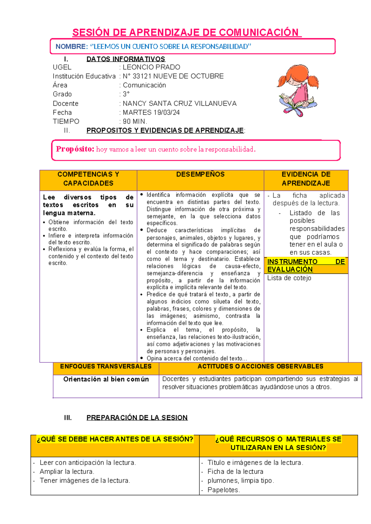 Sesión Comu Leemos un cuento sobre la responsabilidad - SESIÓN DE APRENDIZAJE DE COMUNICACIÓN I ...
