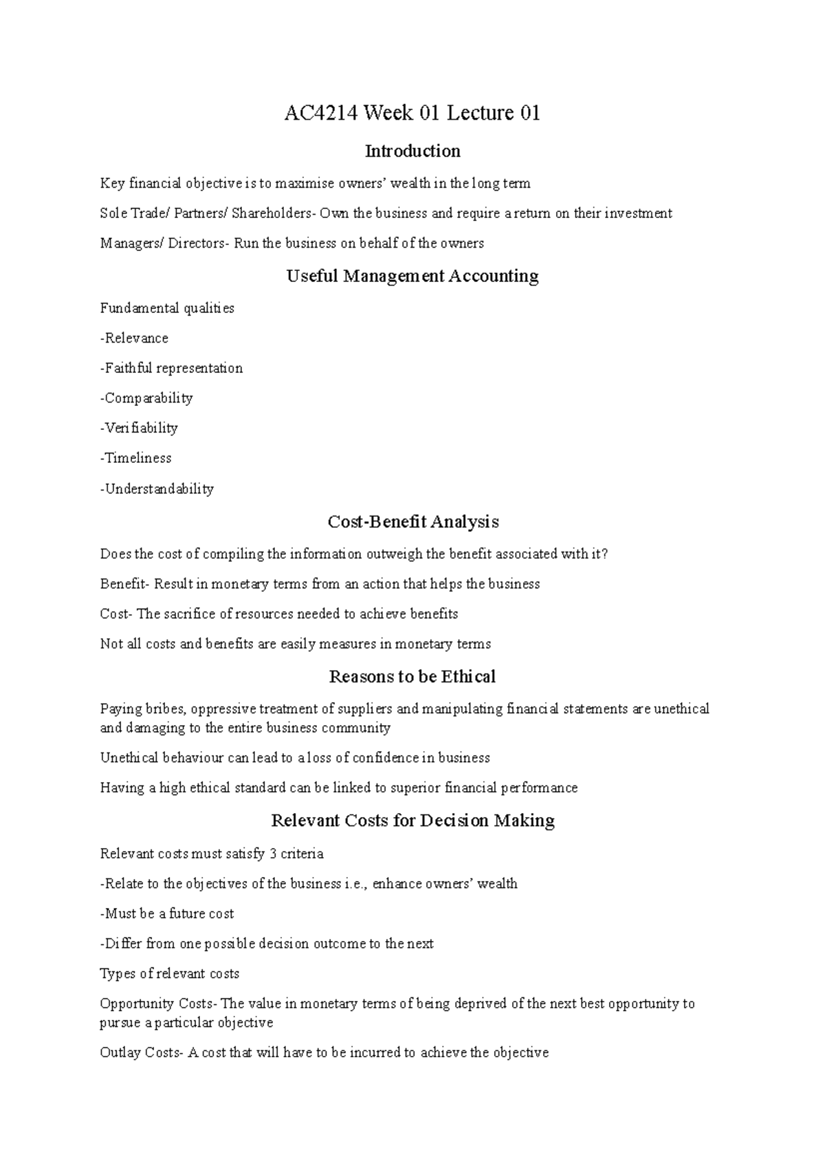 AC4214 Week 01 Lecture 01 - AC4214 Week 01 Lecture 01 Introduction Key ...