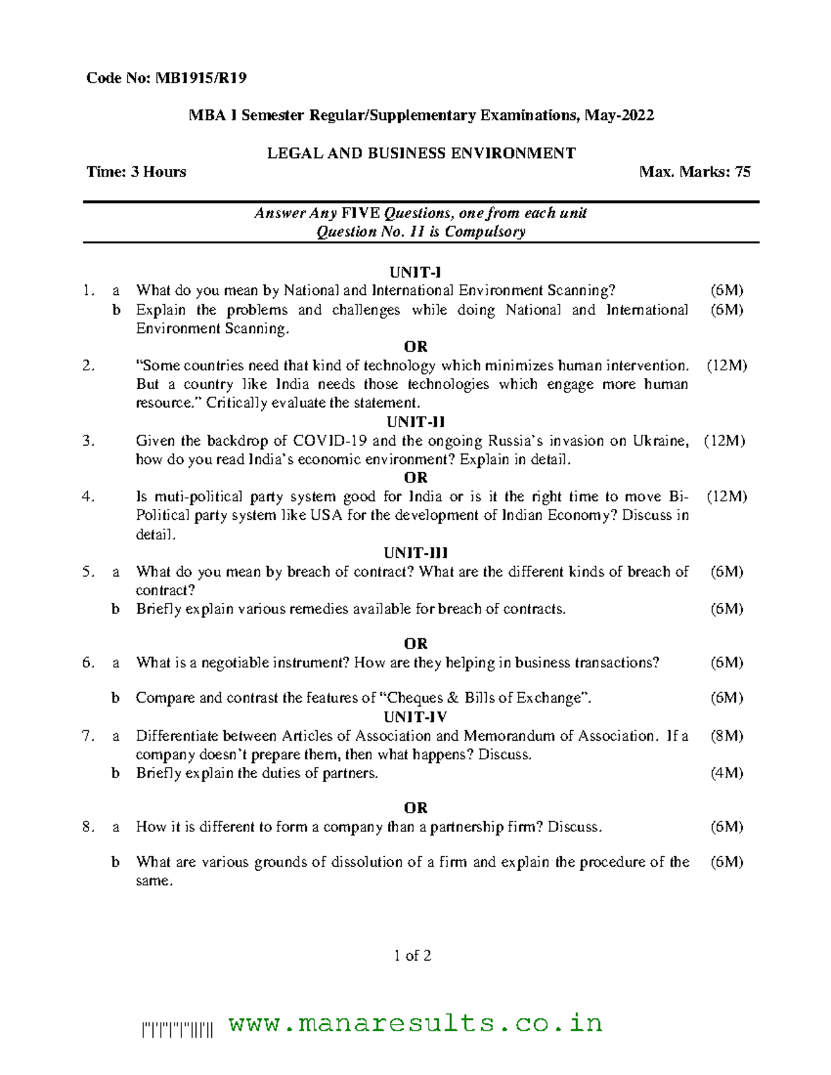 MB1915052022 - Mba previous papers - |''|'|''|''|''|||'|| Code No ...
