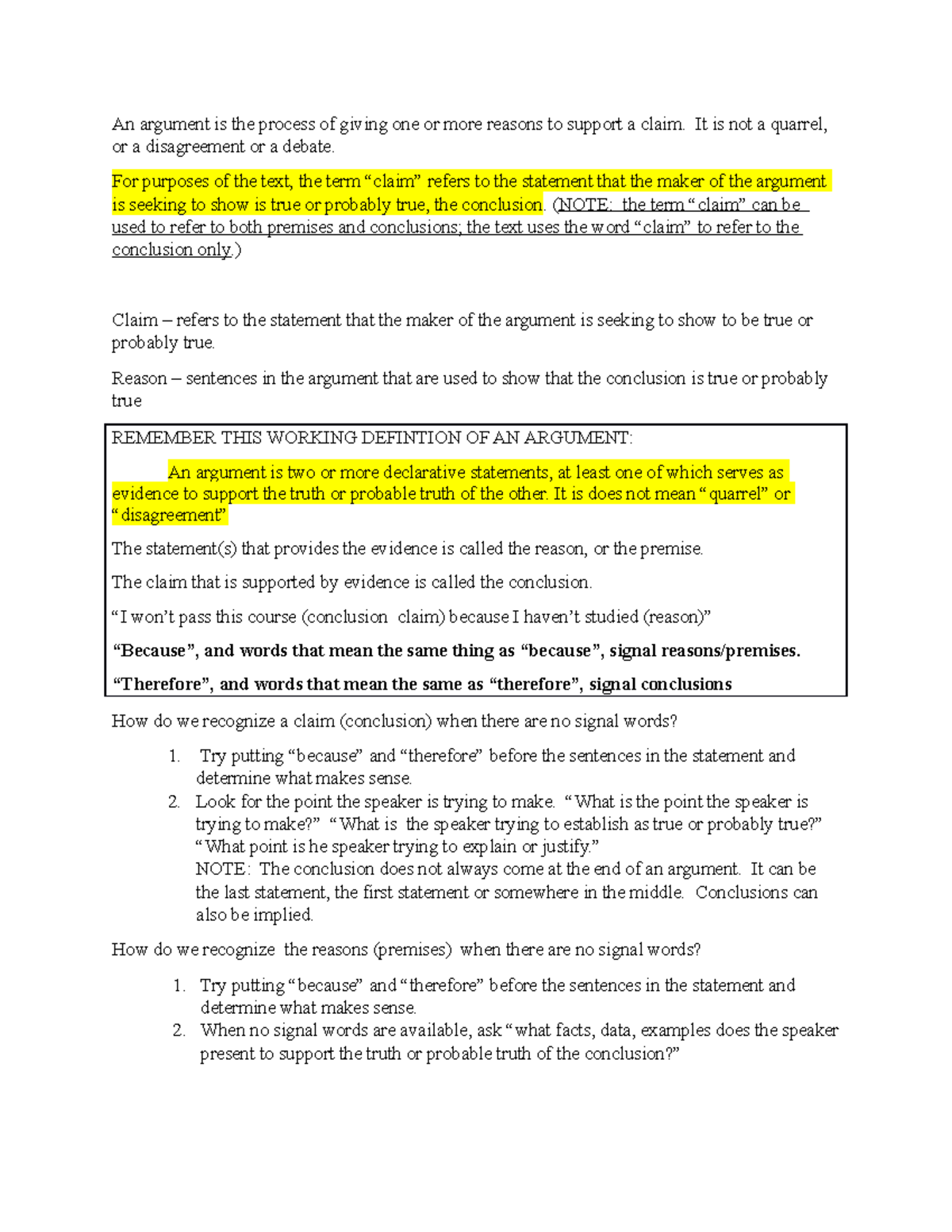 WEEK TWO Study Guide Expanded - An argument is the process of giving ...