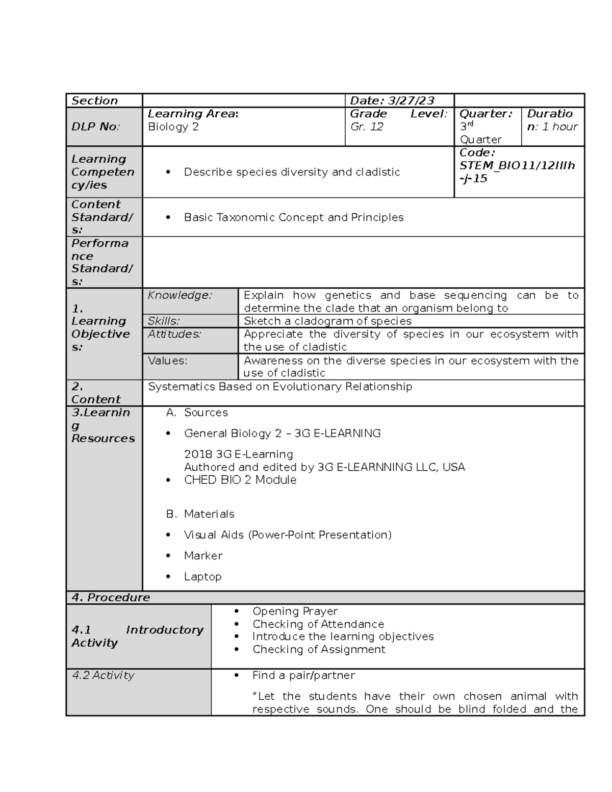 Science 1 Biology Lesson Plan Section Date 3 27 DLP No Learning science-1-biology-lesson-plan-section-date-3-27-dlp-no-learning