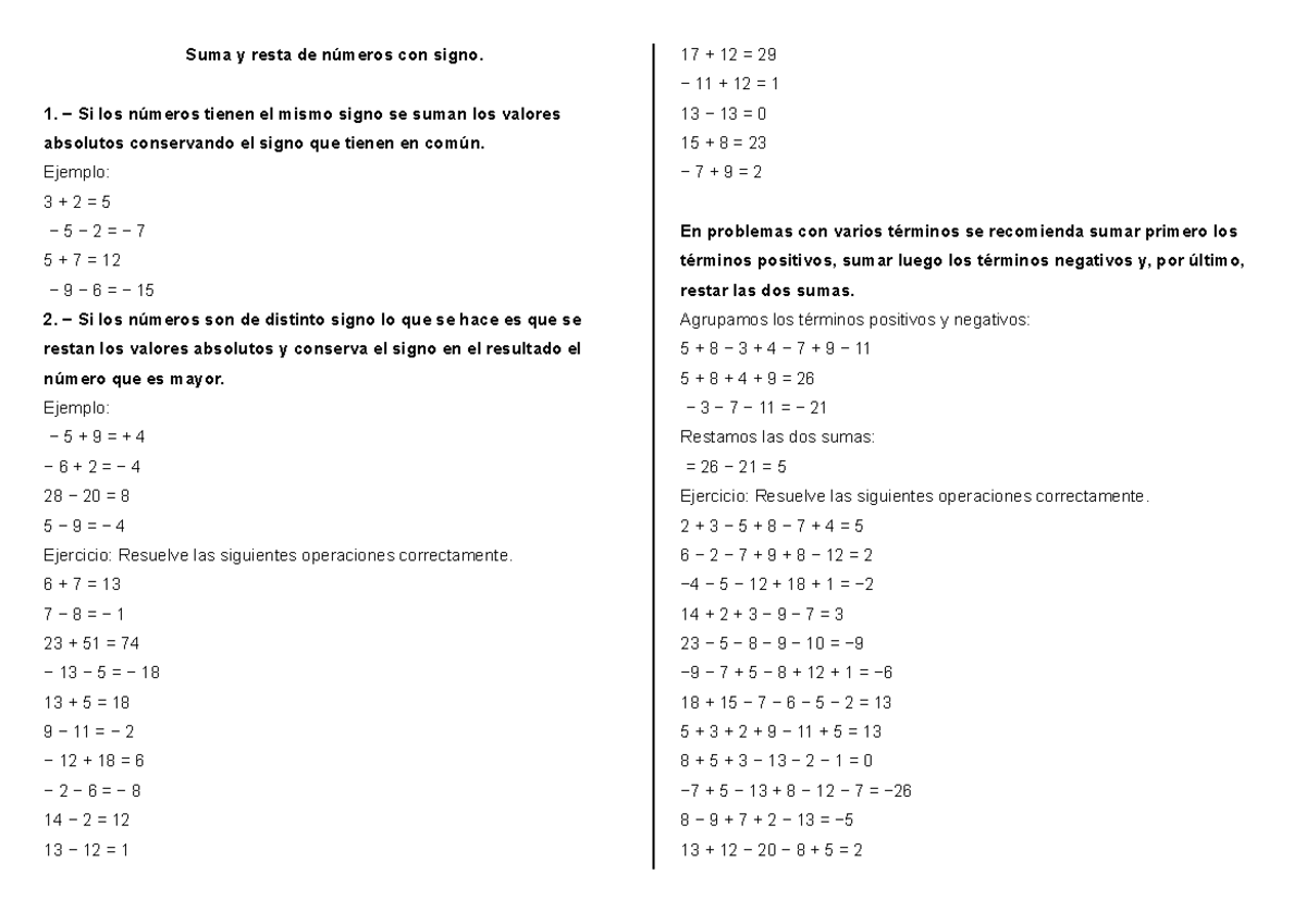 Operaciones basicas - Suma y resta de números con signo. − Si los ...