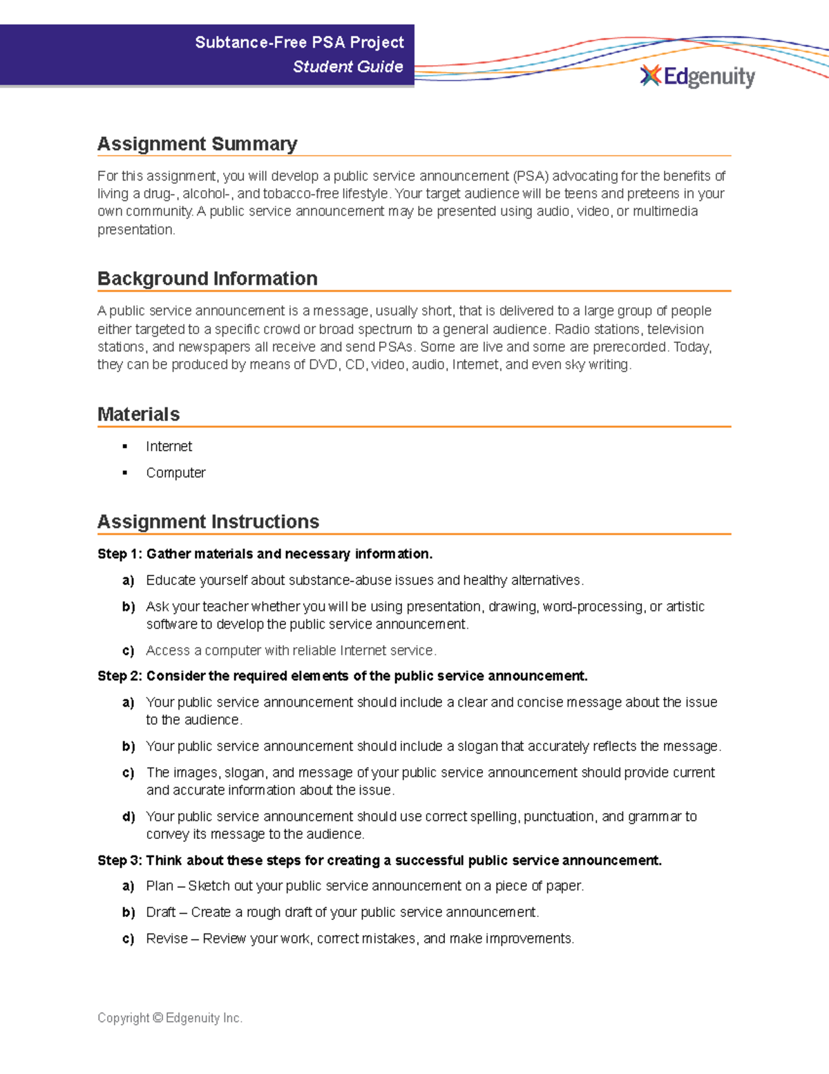 Project-Substance-Free PSA - Student Guide - Assignment Summary For ...