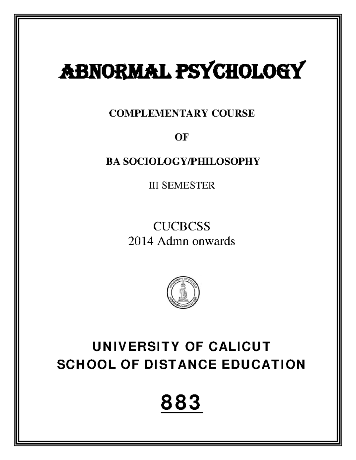 Abnormal psychology - ABNORMAL PSYCHOLOGY COMPLEMENTARY COURSE OF BA ...