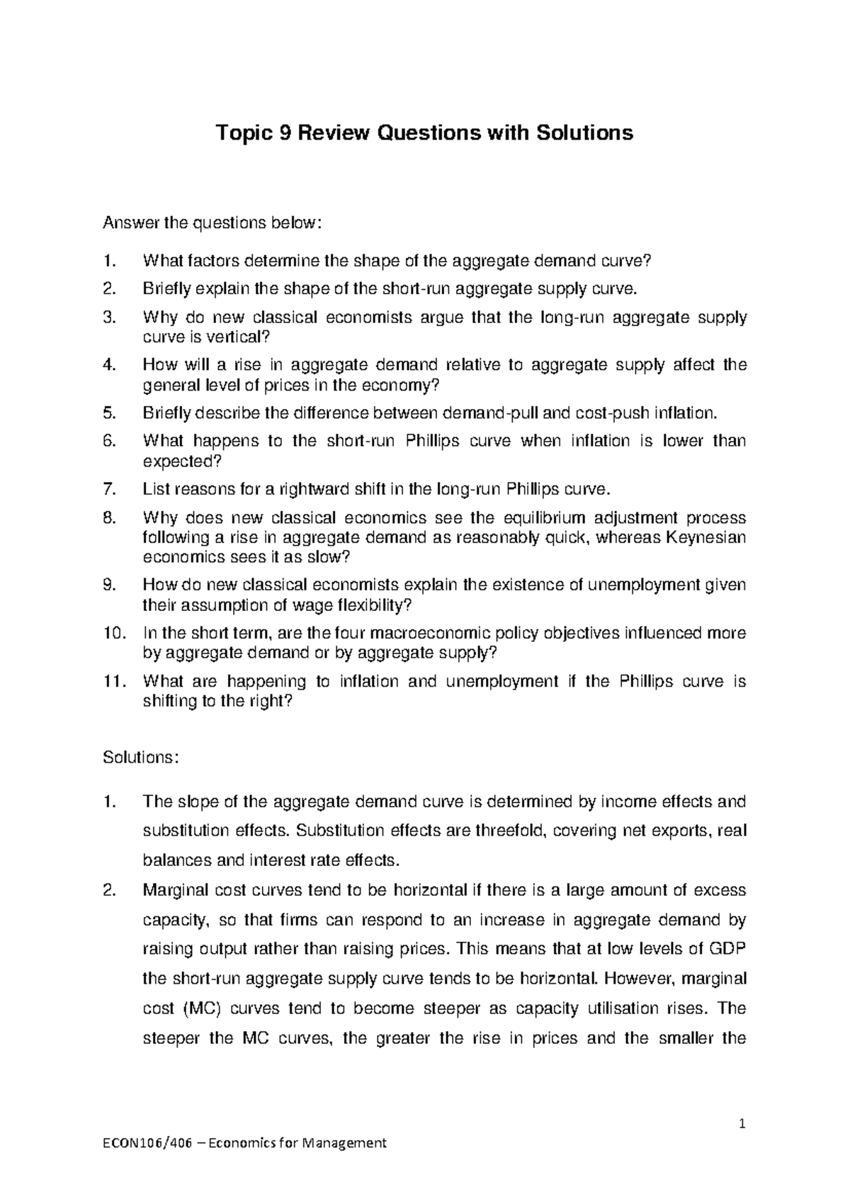 Topic 9 Review Questions with Solutions - 1 ECON106/ 406 – Economics ...