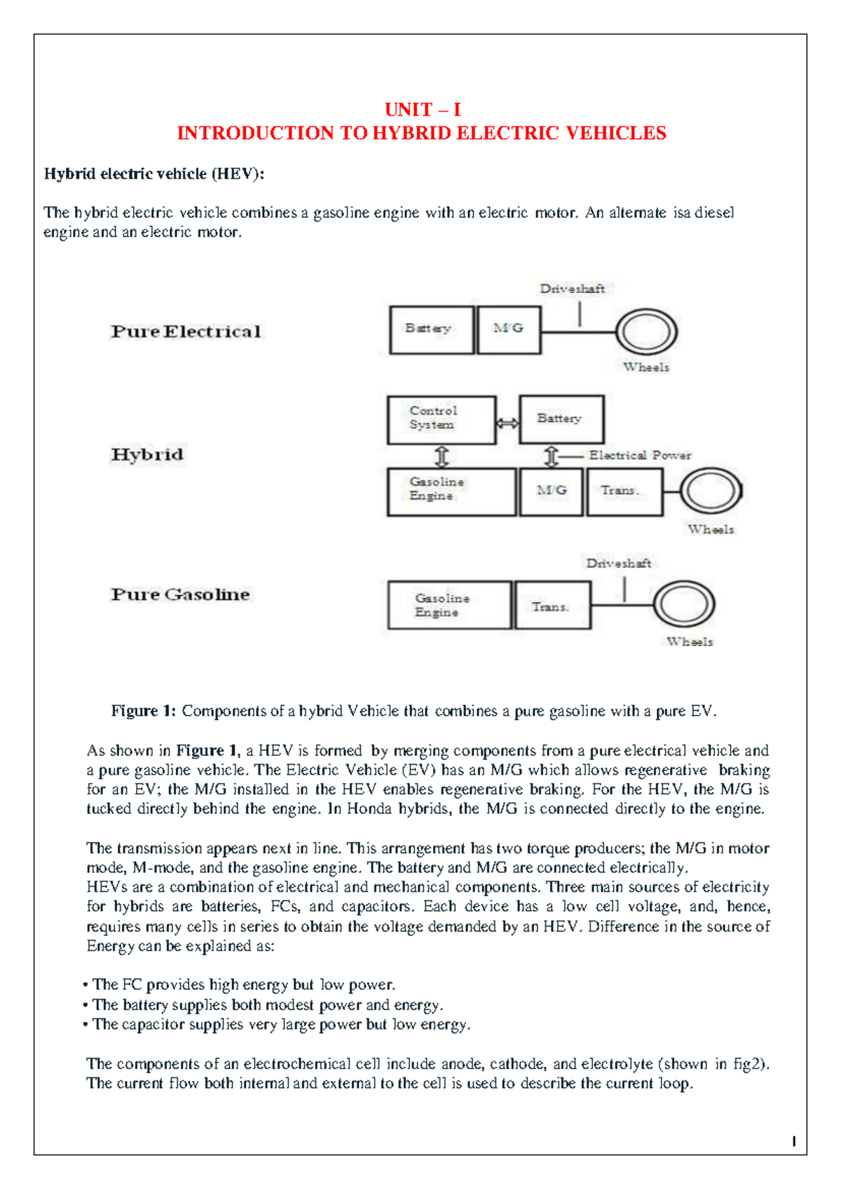EHV Unit 1 Part 1 - UNIT – I INTRODUCTION TO HYBRID ELECTRIC VEHICLES Hybrid electric vehicle ...
