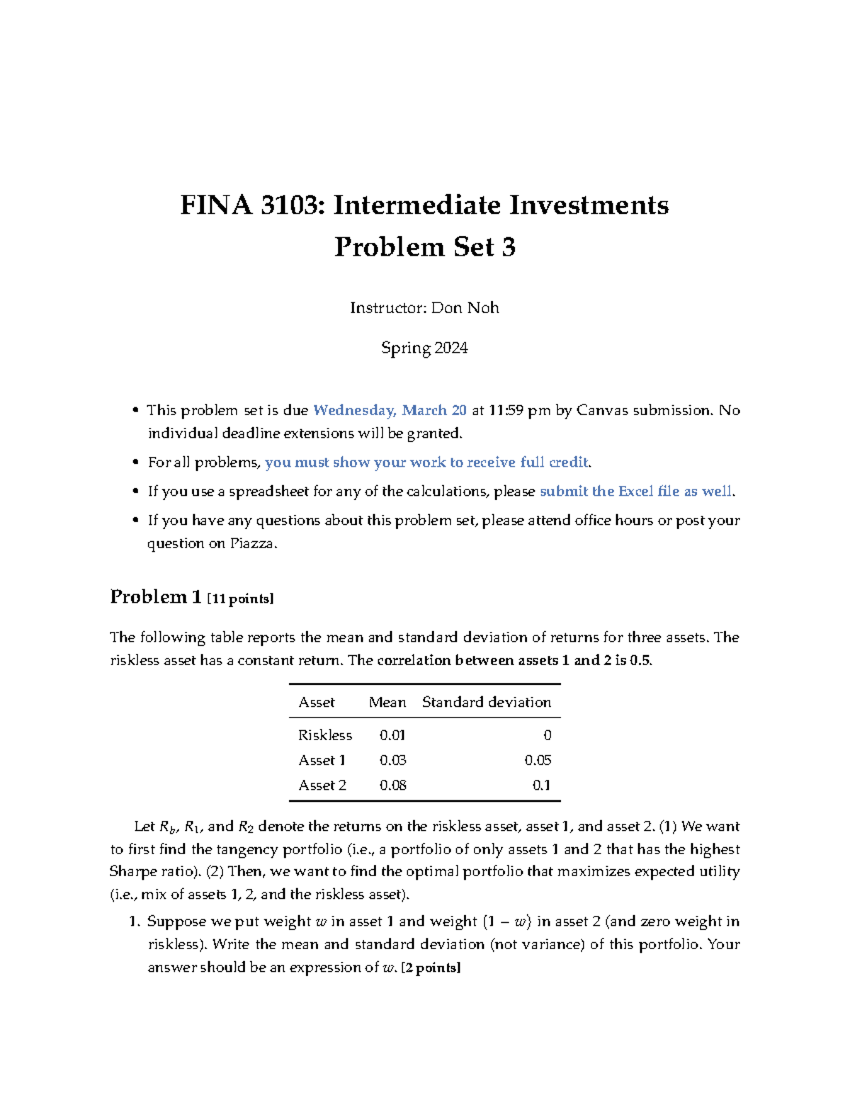 Problem set 3 - FINA 3103: Intermediate Investments Problem Set 3 ...