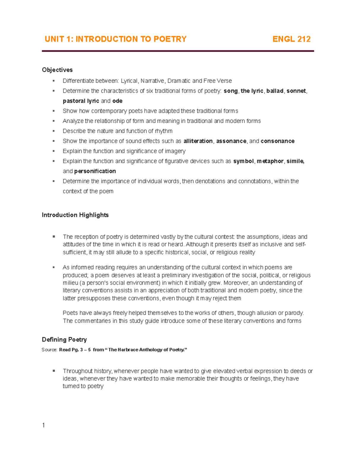 E212 Unit 1 Notes - UNIT 1: INTRODUCTION TO POETRY ENGL 212 Objectives ...