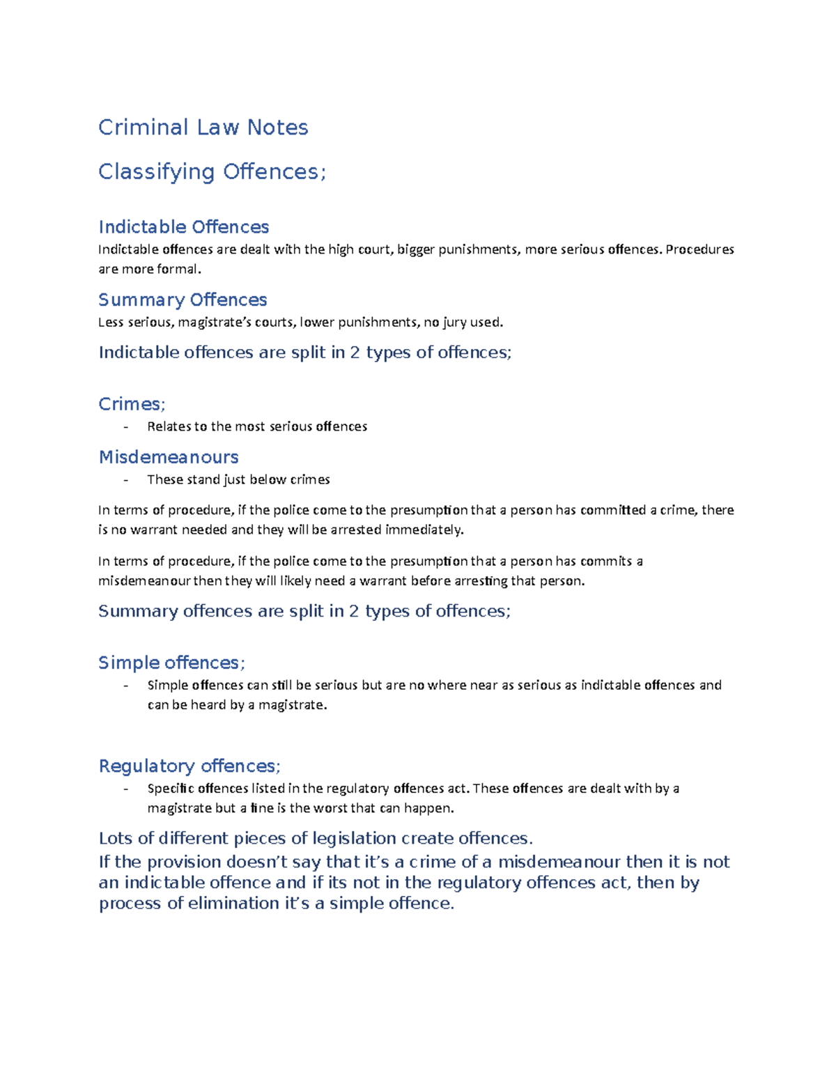 Criminal Law notes DA - Criminal Law Notes Classifying Offences ...