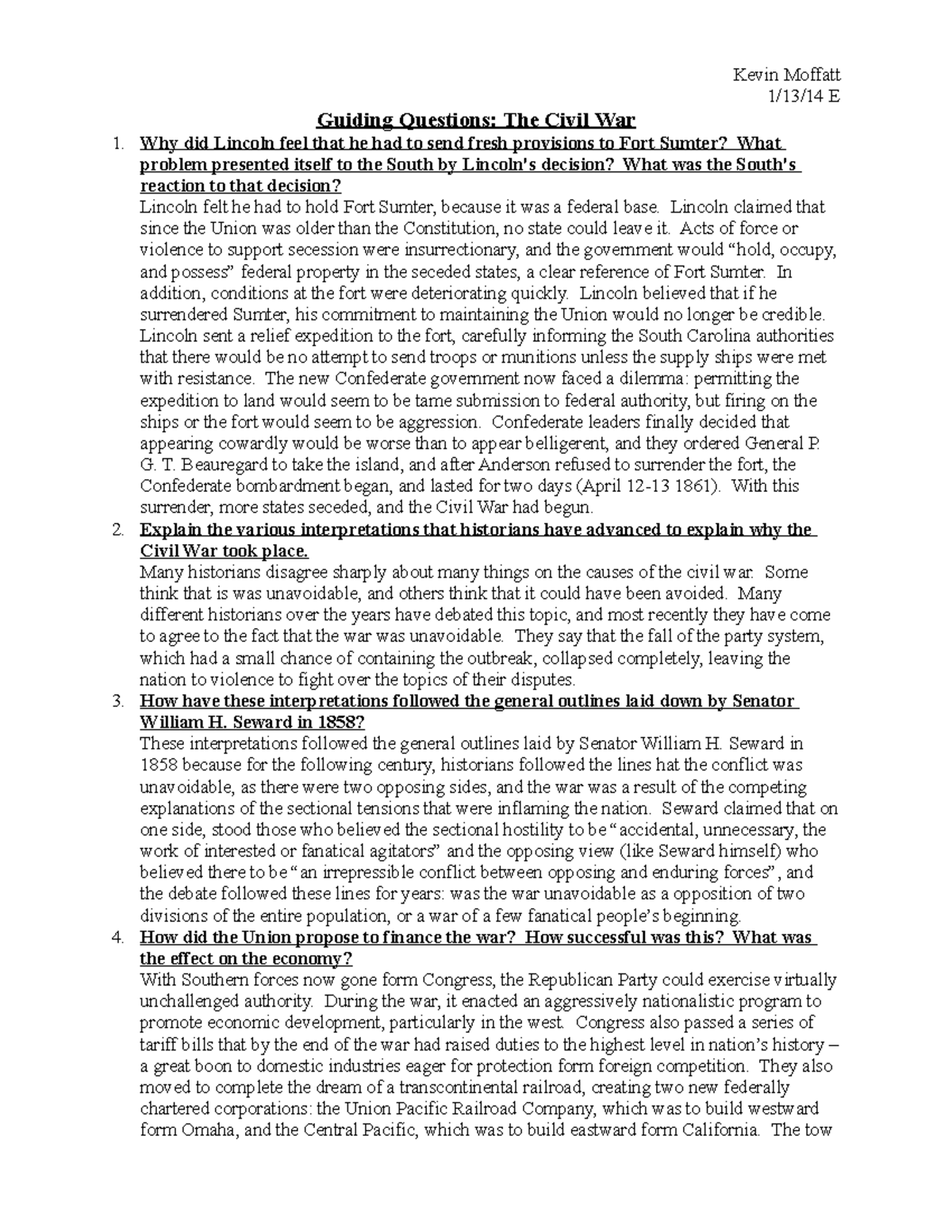 Guiding questions- the civil war - Kevin Moffatt 1/13/14 E Guiding ...