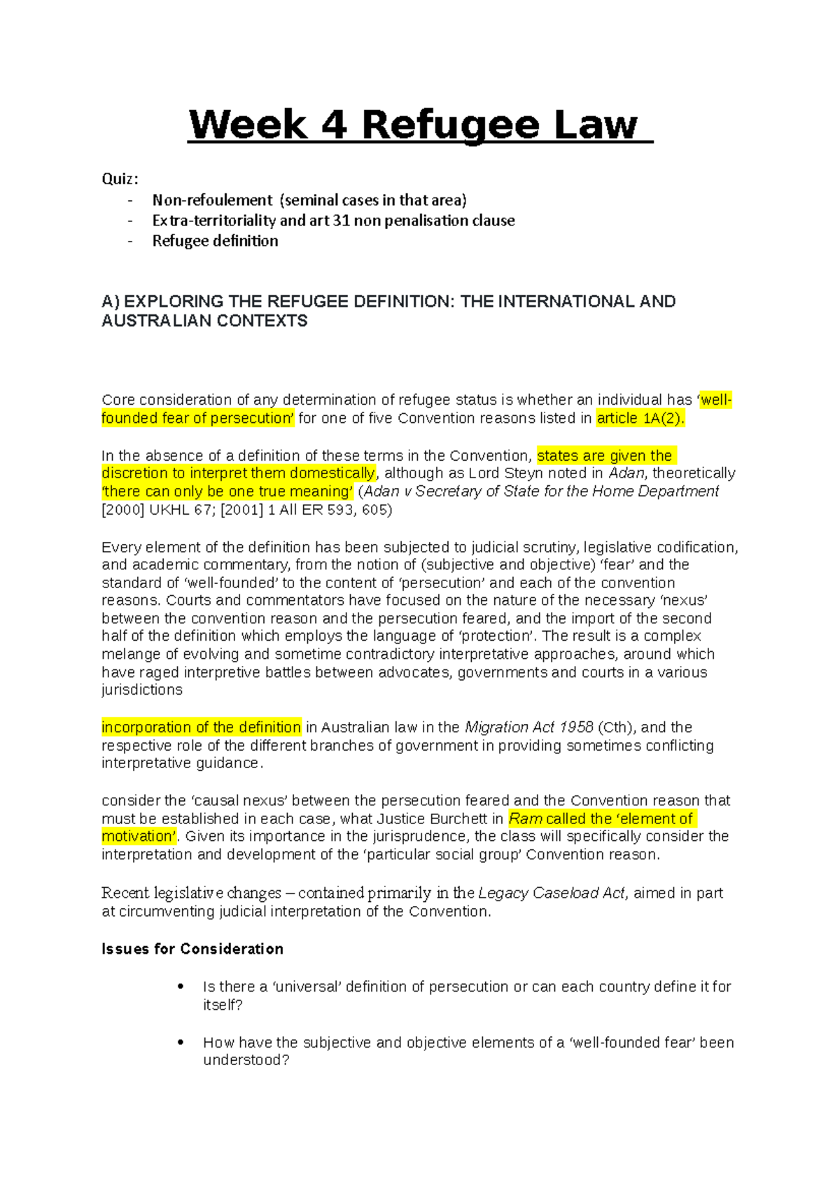 Week 4 Refugee Law lecture notes - Week 4 Refugee Law Quiz: Non ...