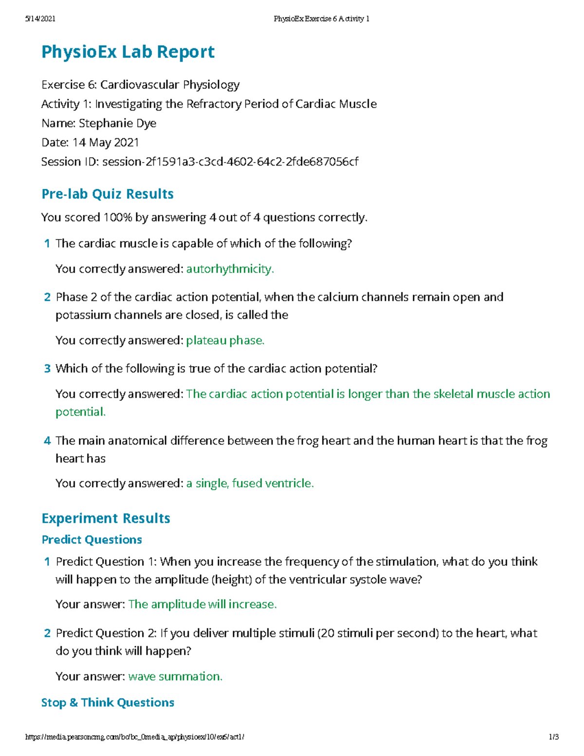 Physio X ex6act1 - 5/14/2021 PhysioEx Exercise 6 Activity 1 - Studocu