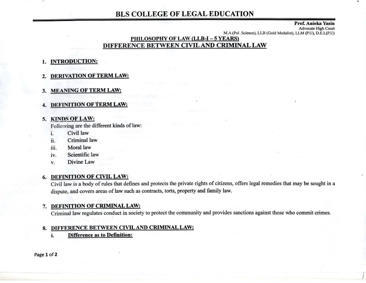 Philsophy of law (LLB) 1 - BLS COLLEGE OF LEGAL EDUCATION Prof. Anieka ...