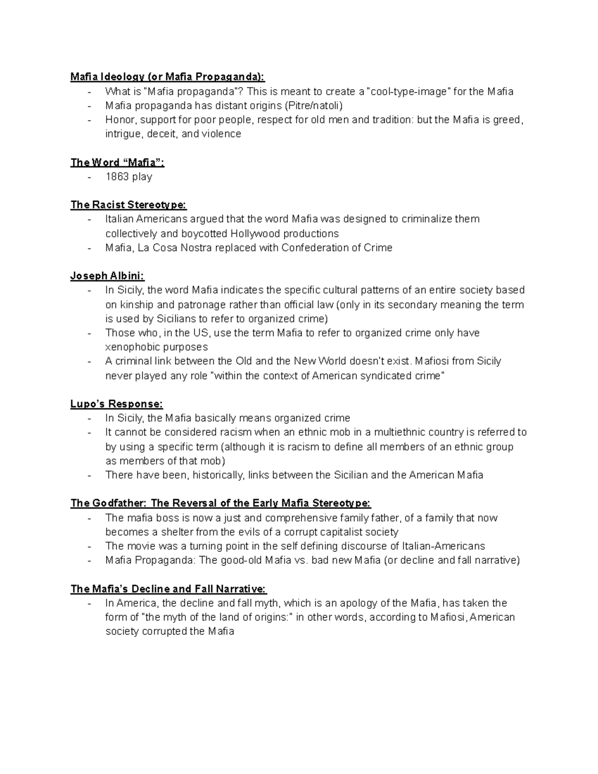 Week 2 Lecture Mafia - notes - Mafia Ideology (or Mafia Propaganda ...
