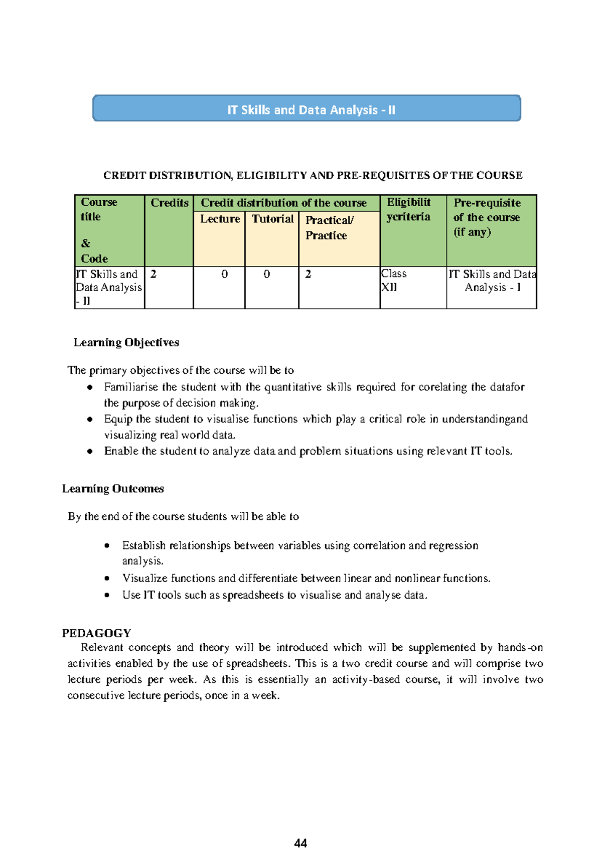IT Skills AND DATA Analysis II - CREDIT DISTRIBUTION, ELIGIBILITY AND ...