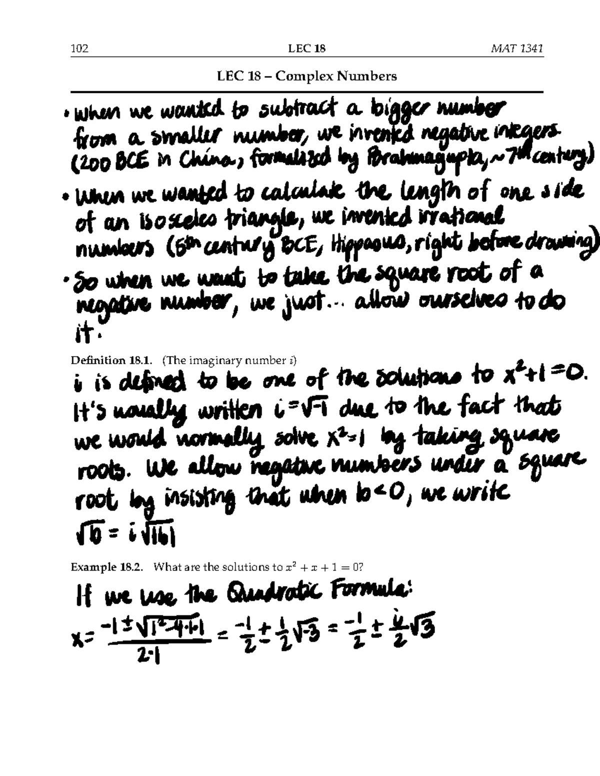 MAT 1341 Lecture 18 Filled - 102 LEC 18 MAT 1341 LEC 18 – Complex ...