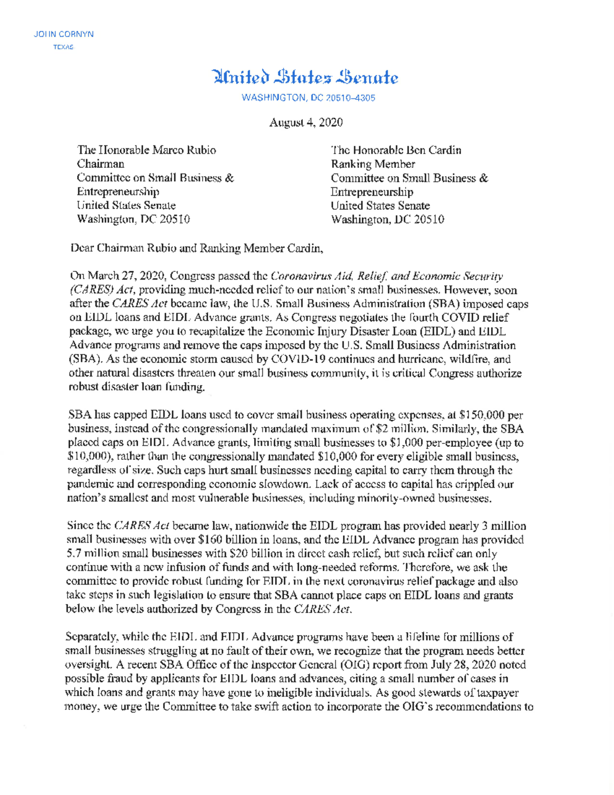 Cornyn-Rosen EIDL Letter to Rubio and Cardin - SCS285 - Studocu