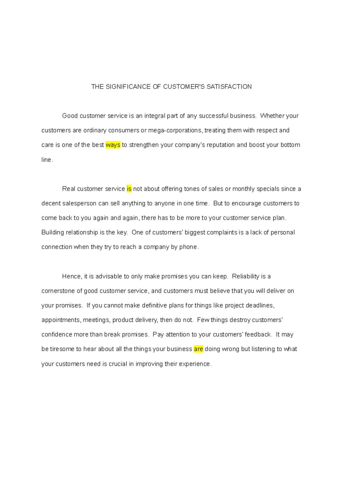 Executive NOTE- Taking TEST 1- Report - THE SIGNIFICANCE OF CUSTOMER’S ...