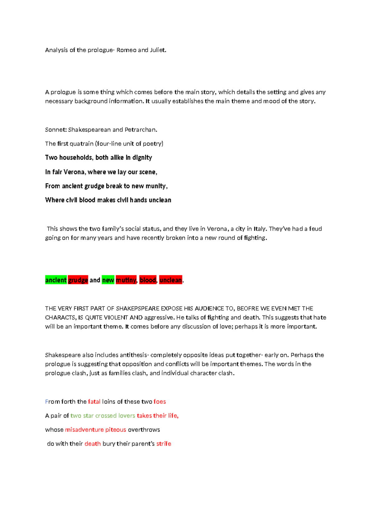 Prologue analysis - Analysis of the prologue- Romeo and Juliet. A ...