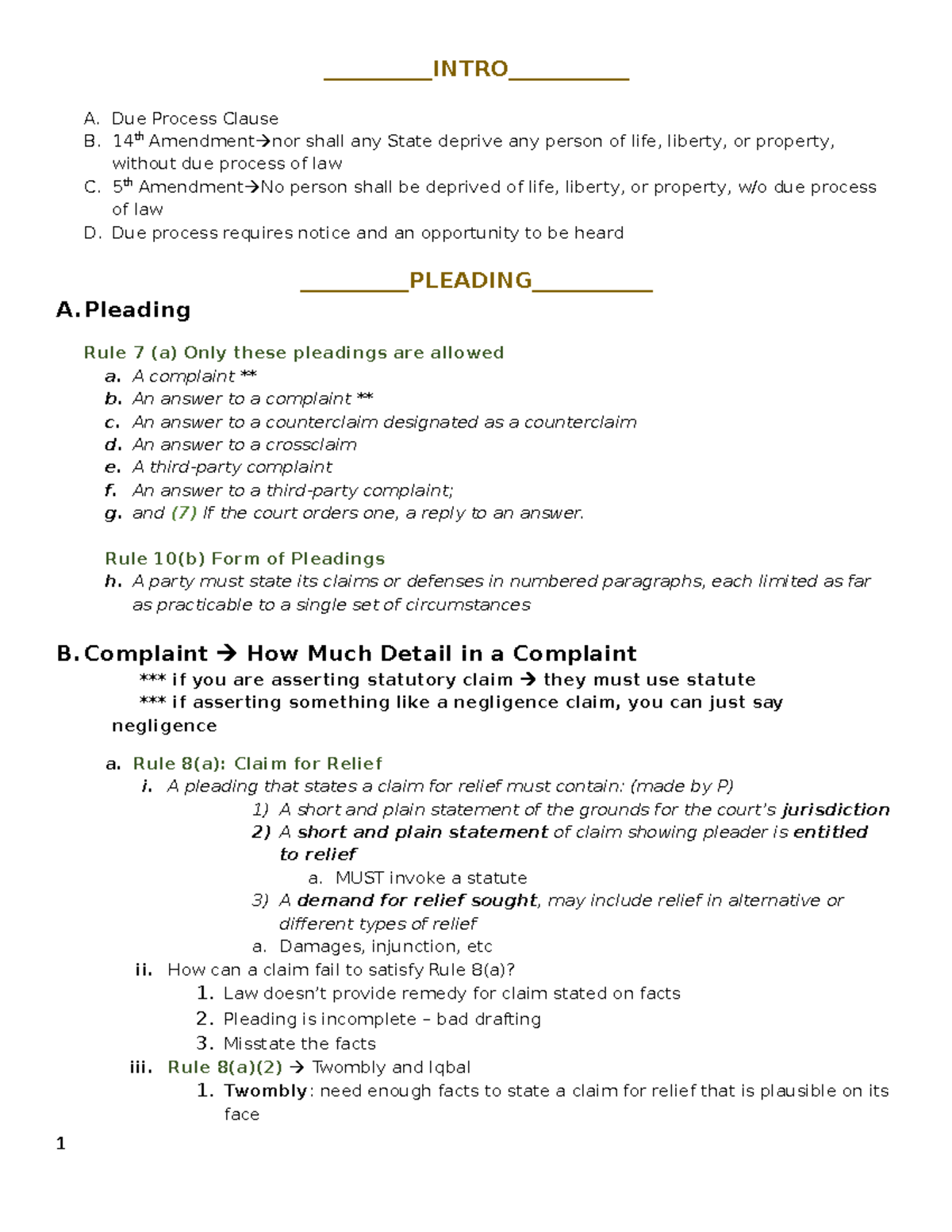 Civil Procedure Outline - INTRO_ A. Due Process Clause B. 14th ...