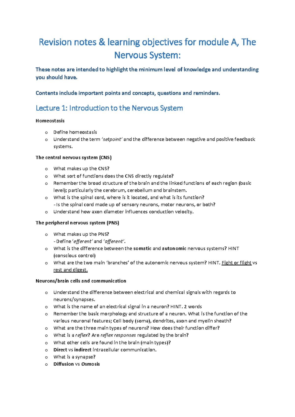 Module A Nervous System Revision Notes-1 - Revision notes & learning ...