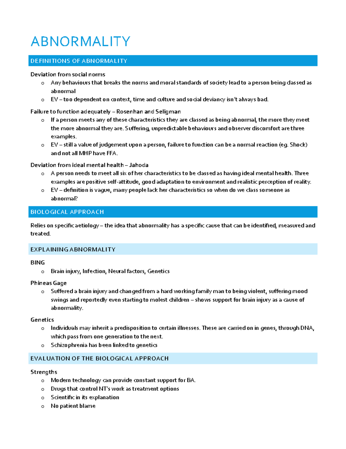Abnormality - psych notes - ABNORMALITY DEFINITIONS OF ABNORMALITY ...