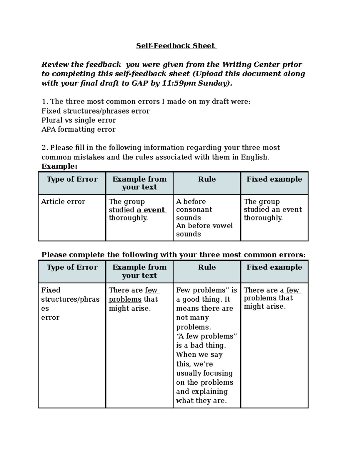 EDU 701 Wk3 Self-Feedback Sheet - Self-Feedback Sheet Review the ...