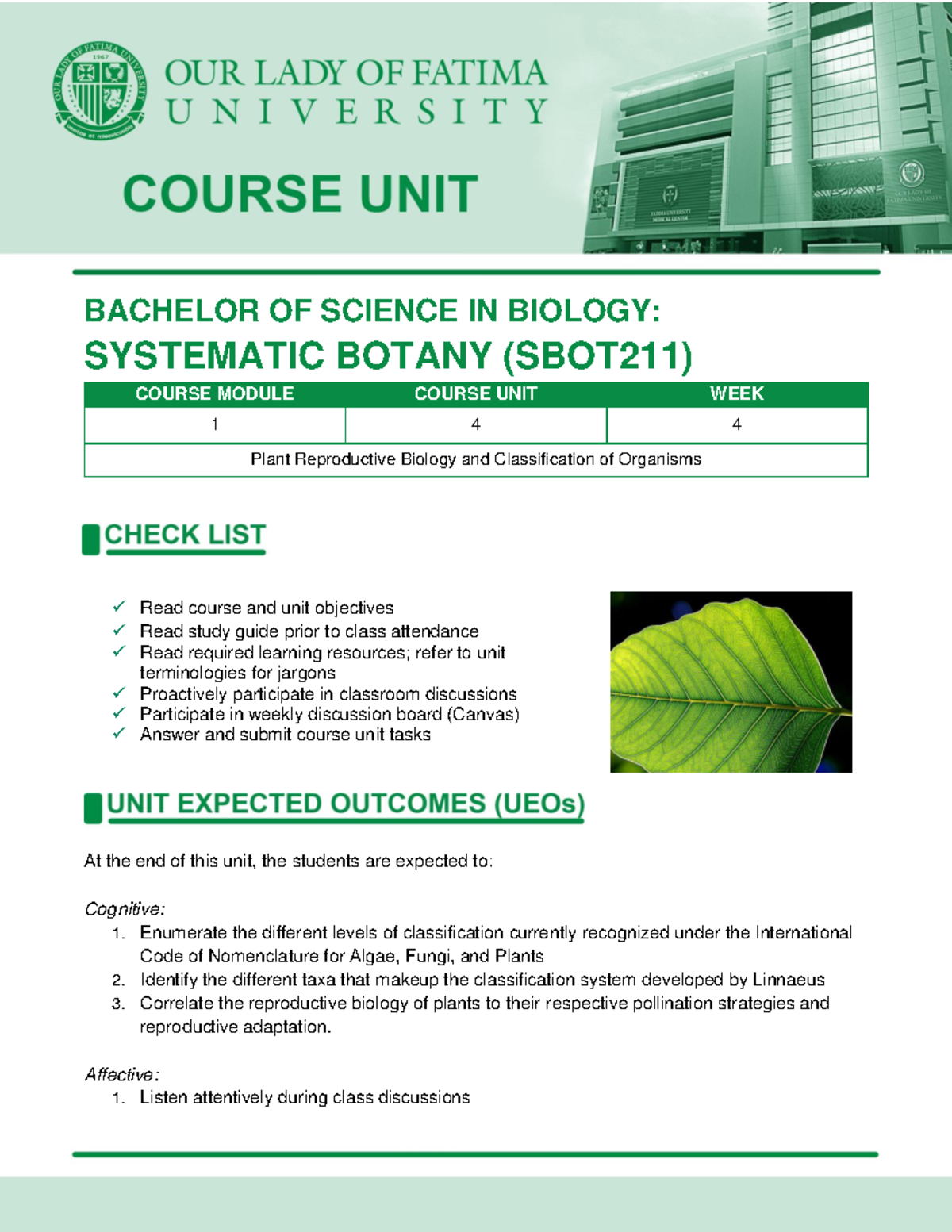 01 SBOT211 Course Unit 4 - BACHELOR OF SCIENCE IN BIOLOGY: SYSTEMATIC BOTANY (SBOT211) COURSE ...