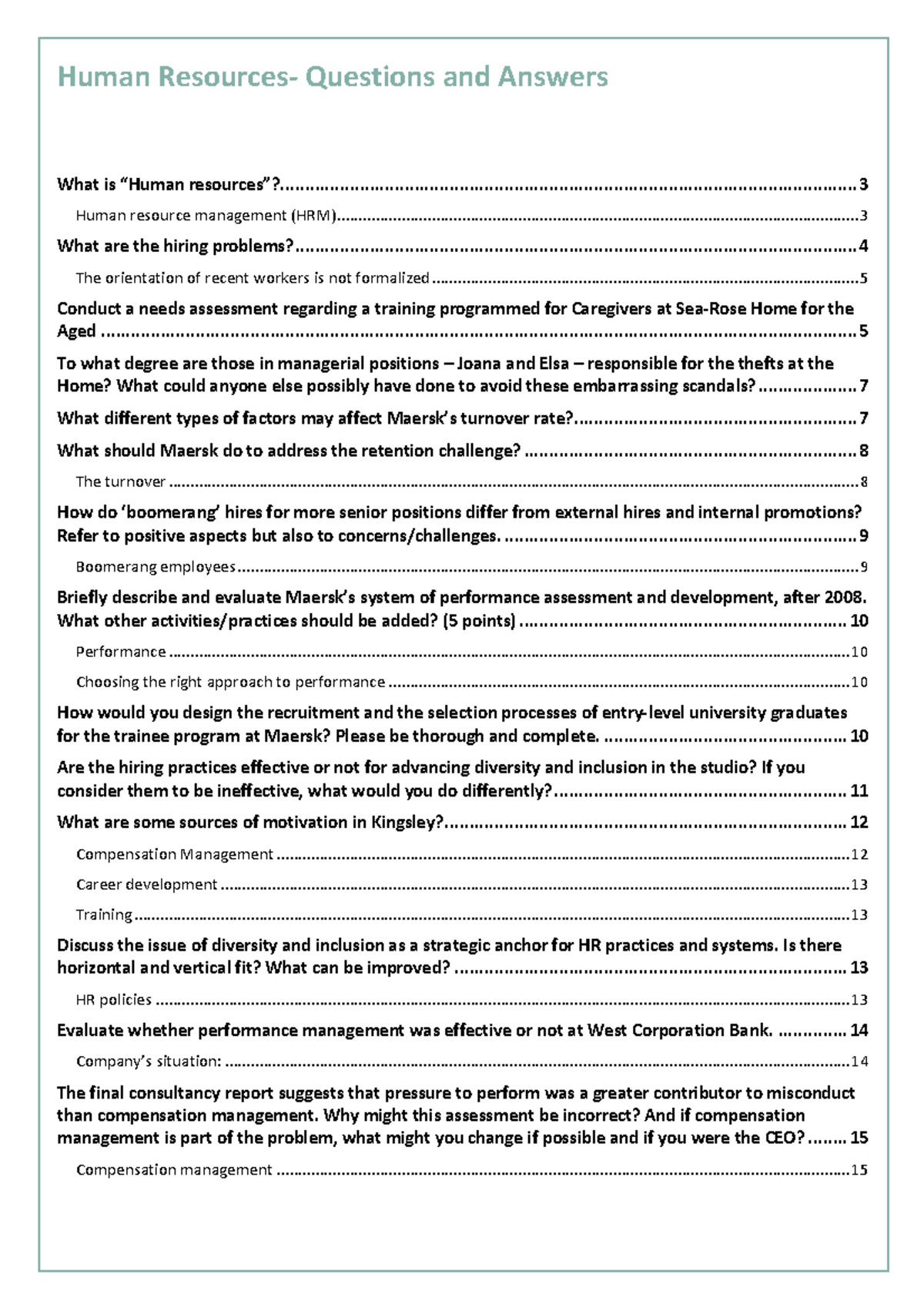 Notes Human Resources Management - Human Resources- Questions and ...