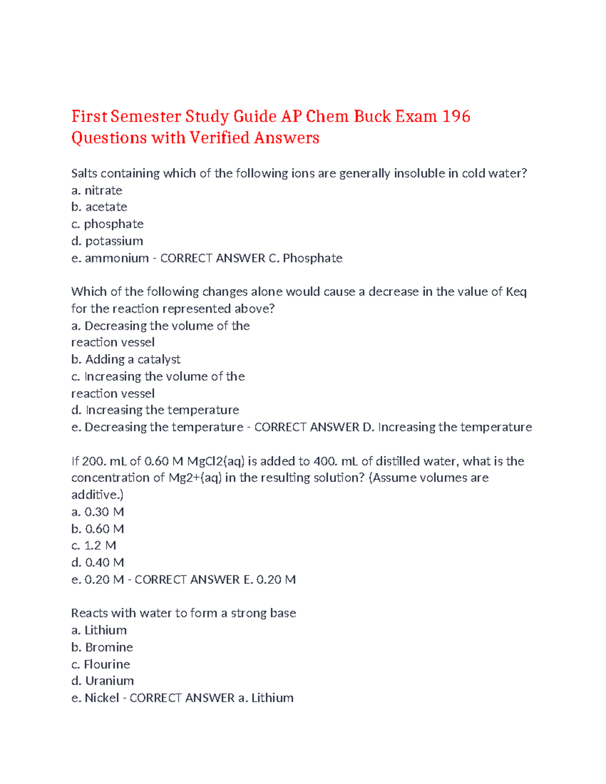 First Semester Study Guide AP Chem Buck Exam 196 Questions with Verified Answers - nitrate b ...