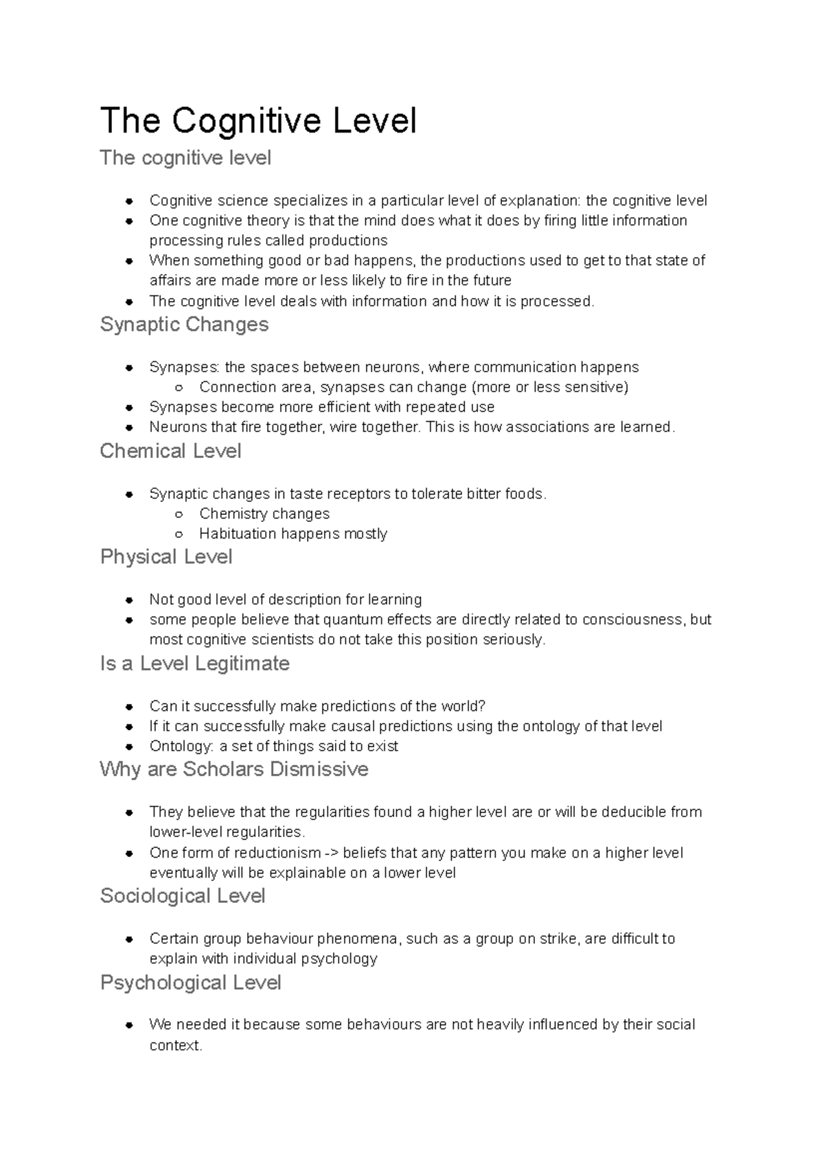 CGSC 1001 - The Cognitive Level - The Cognitive Level The cognitive level Cognitive science ...