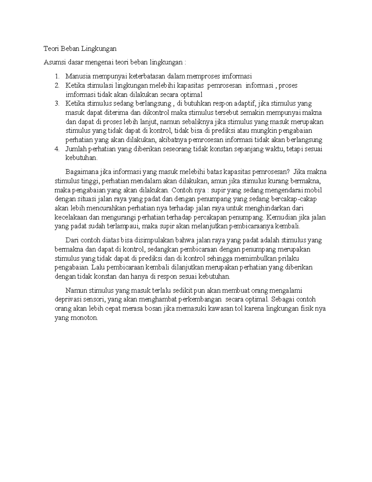 Teori Beban Lingkungan - Teori Beban Lingkungan Asumsi dasar mengenai ...