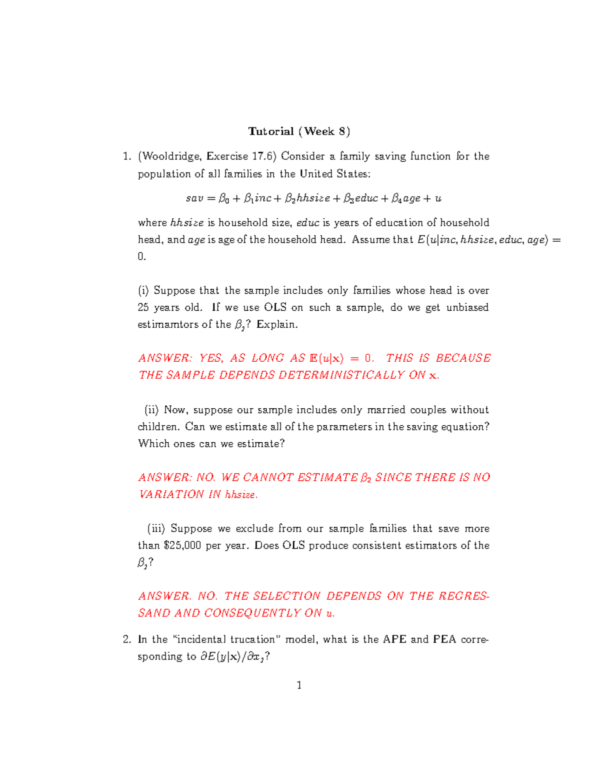 W8 tutorial solutions - Tutorial (Week 8) (Wooldridge, Exercise 17 ...