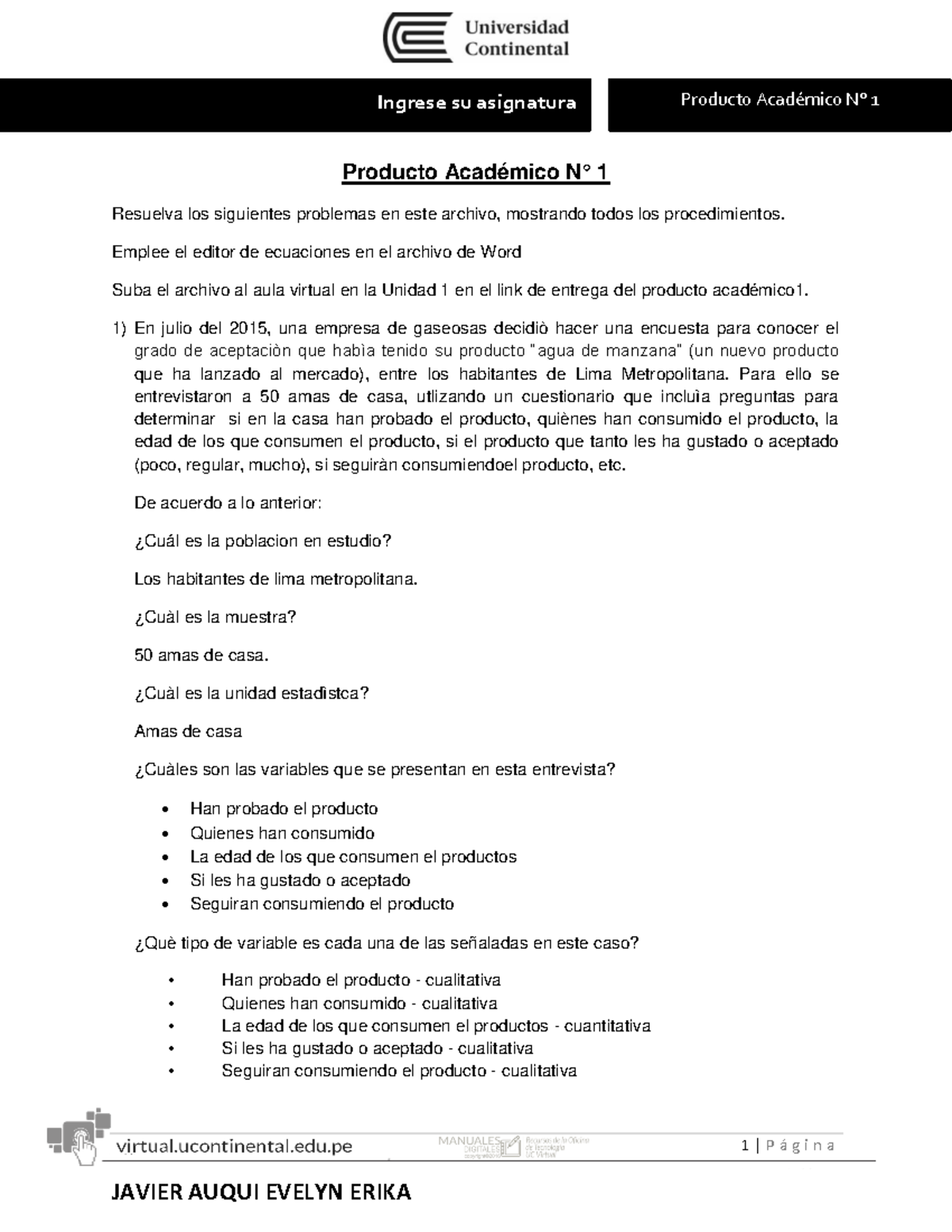 Probabilidad y estadistica P.A 1 - 1 | P · g i n a Producto Académico N° 1 Resuelva los ...