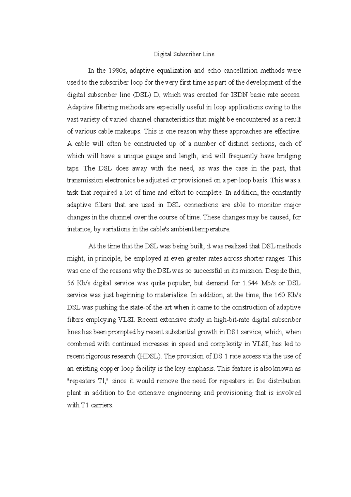 Digital Subscriber Line - Adaptive filtering methods are especially ...