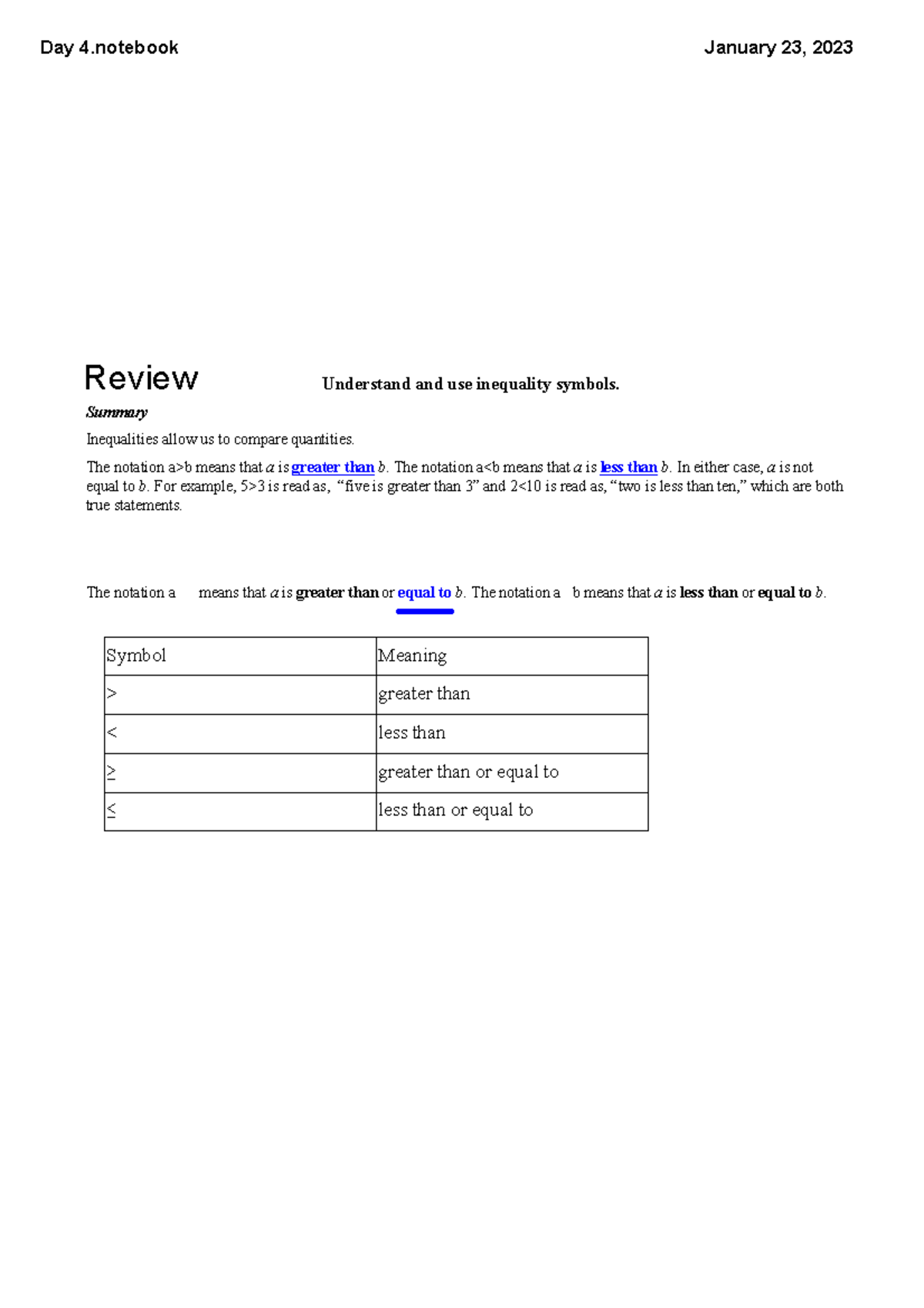 Day 4 Section 2.1, 2.2 - class work notes - Review Understand and use ...