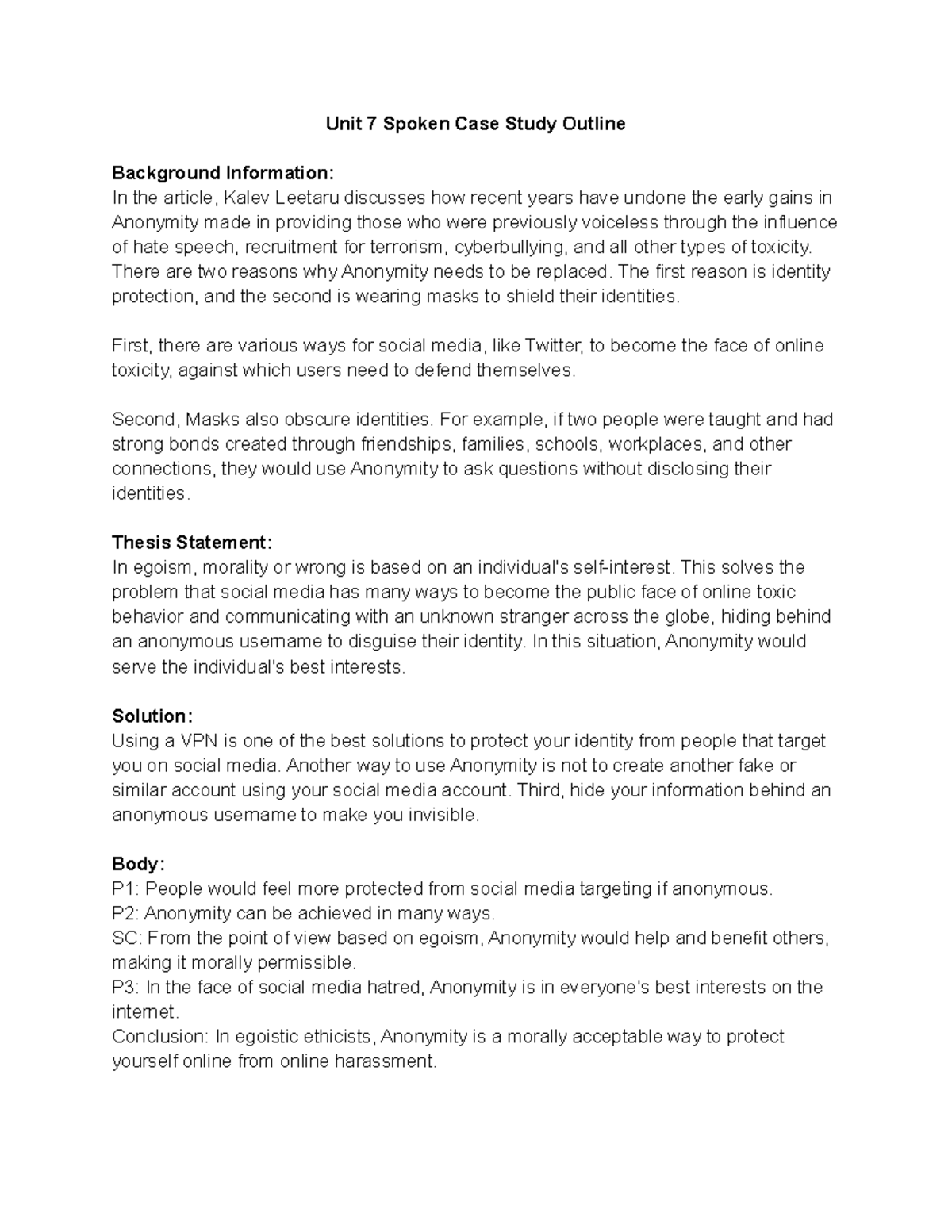 Unit 7 Spoken Case Study Outline - Unit 7 Spoken Case Study Outline ...
