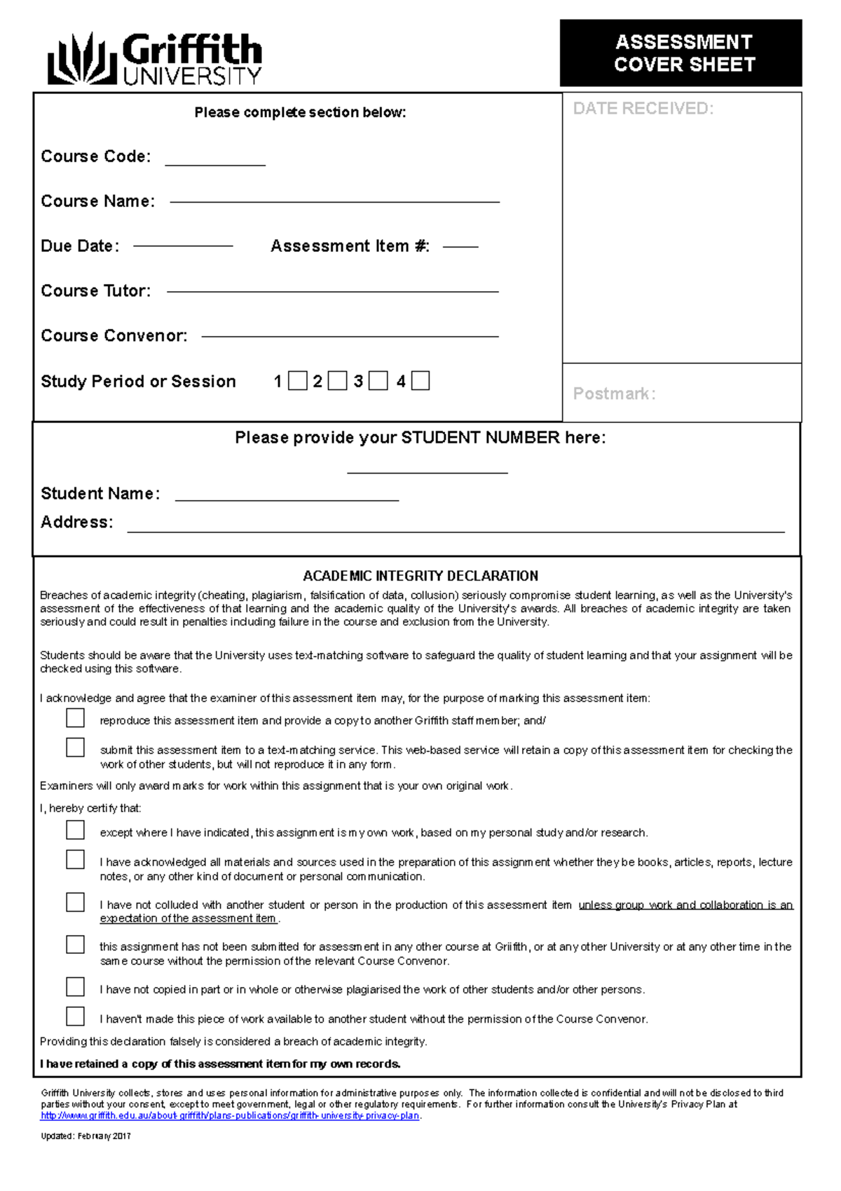 OUA Assessment cover sheet - ASSESSMENT COVER SHEET Please complete ...