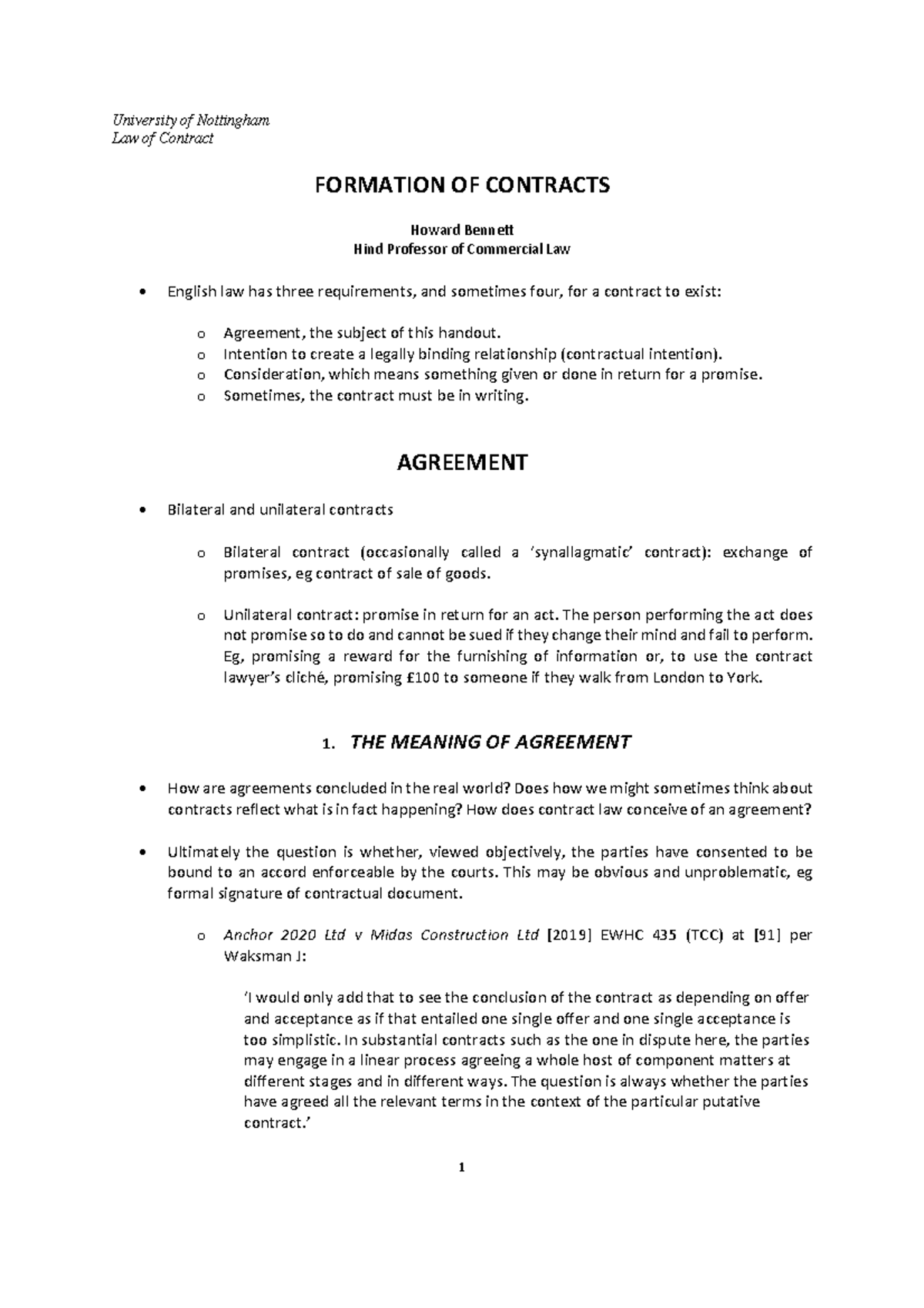 02 Agreement 2022-23 - Handout - Law of Contract FORMATION OF CONTRACTS ...