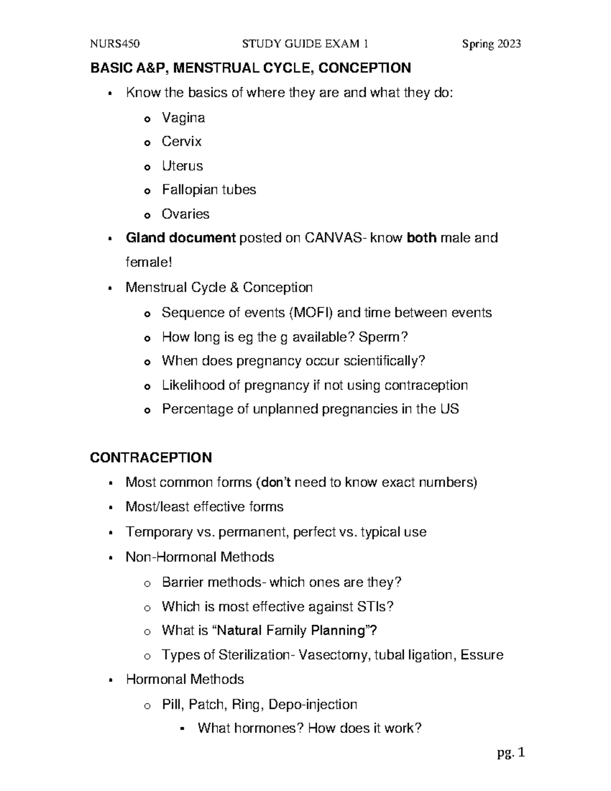 Study Guide Exam 1 2023 Making Babies - BASIC A&P, MENSTRUAL CYCLE ...