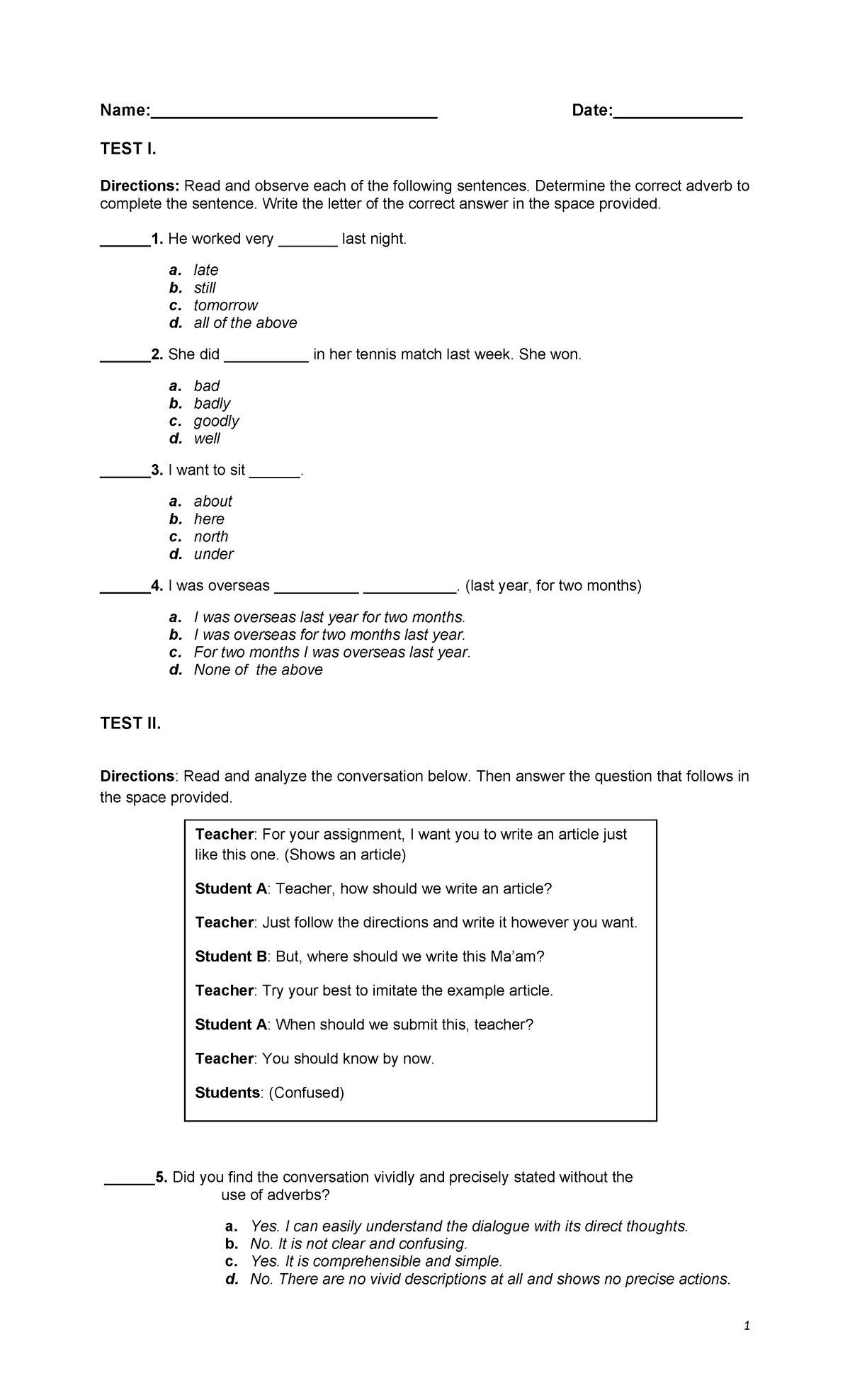 Assessment - Test type - Name:_______________________________ Date ...