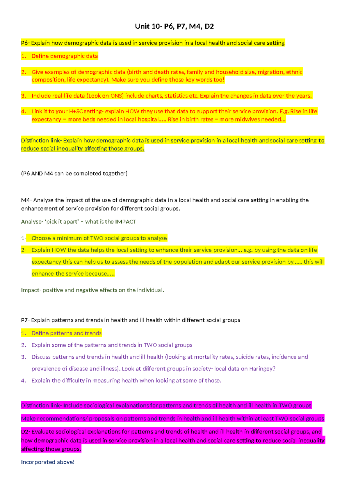 Unit 10- Plan 4 - BTEC health and social care plan - Unit 10- P6, P7 ...