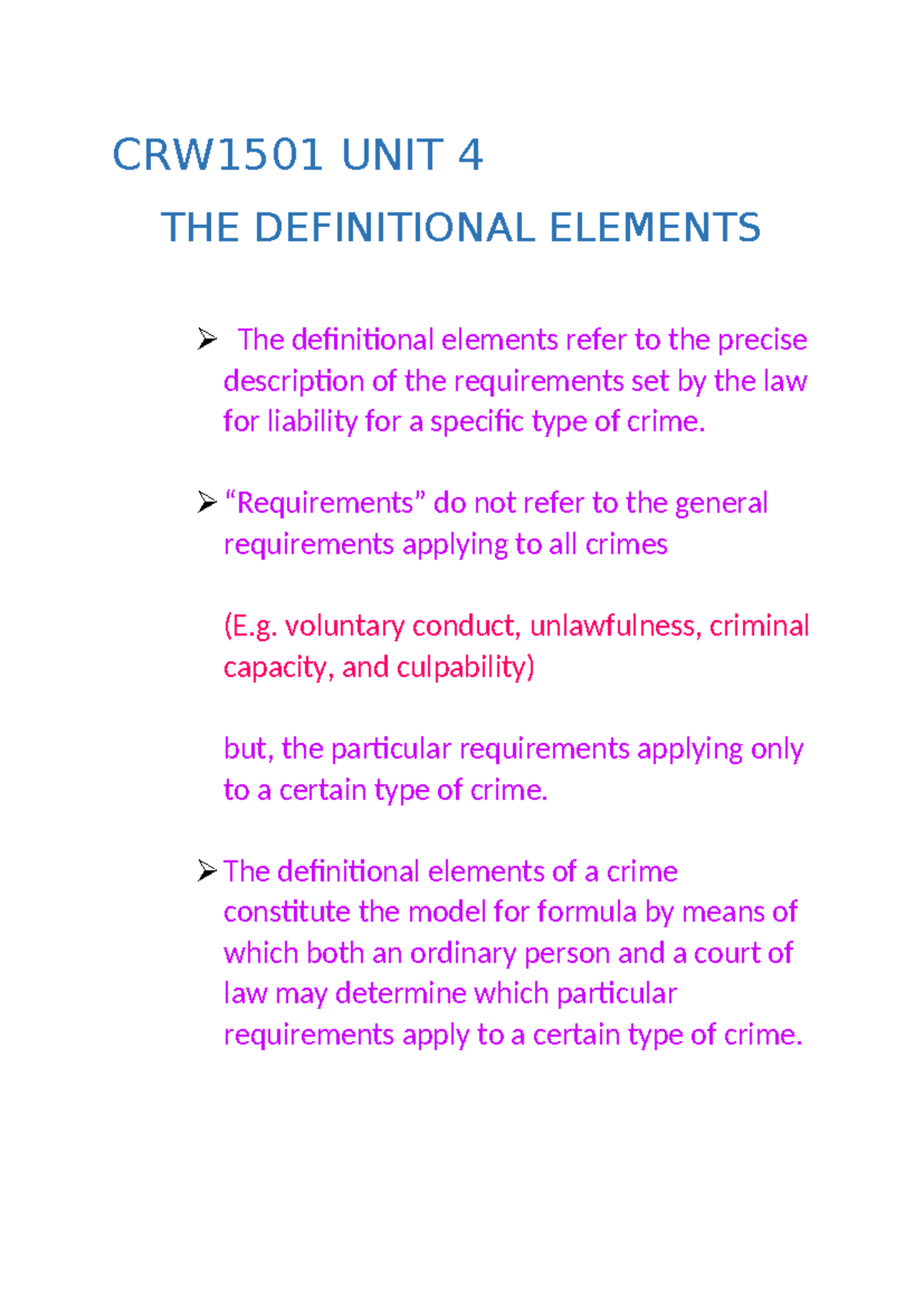 CRW1501 UNIT 4 - Summary Introduction to Criminal Law - CRW1501 UNIT 4 THE DEFINITIONAL ELEMENTS ...